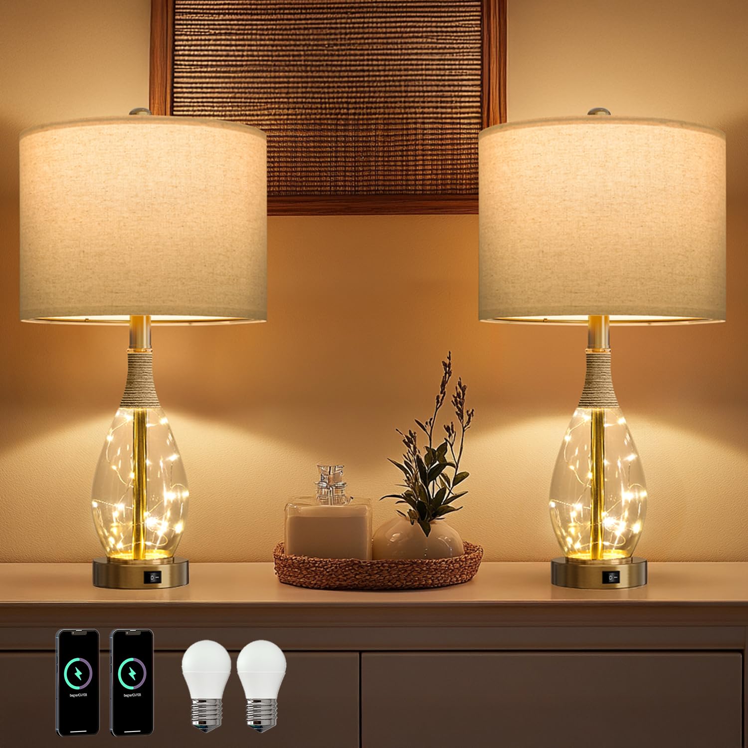 OYEARS 23" Table Lamps for Living Room Set of 2 Bedside Lamps for Night ...