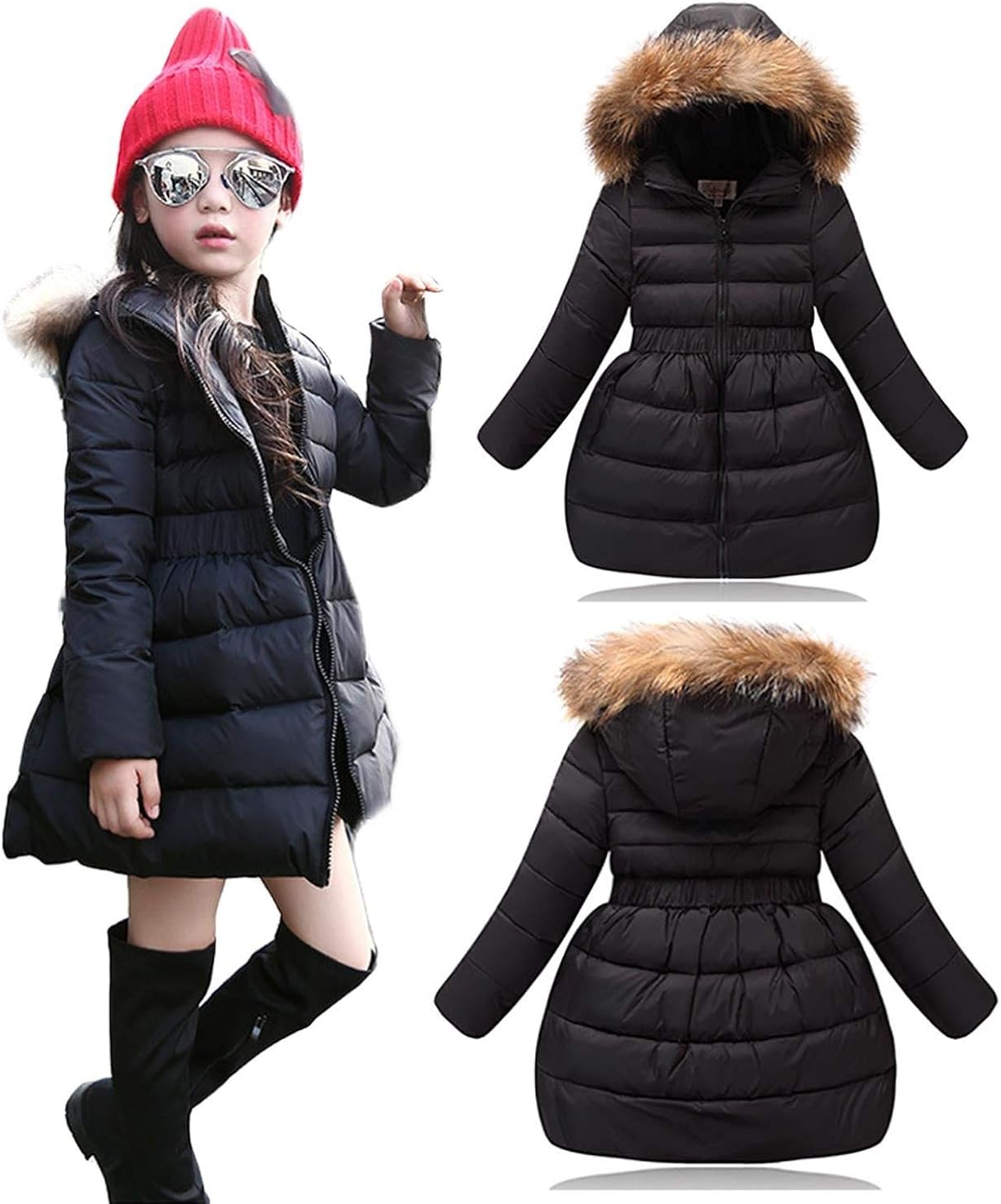 JS One Kids Quilted Padded Girls Long Parka Winter Coat with Faux Fur ...