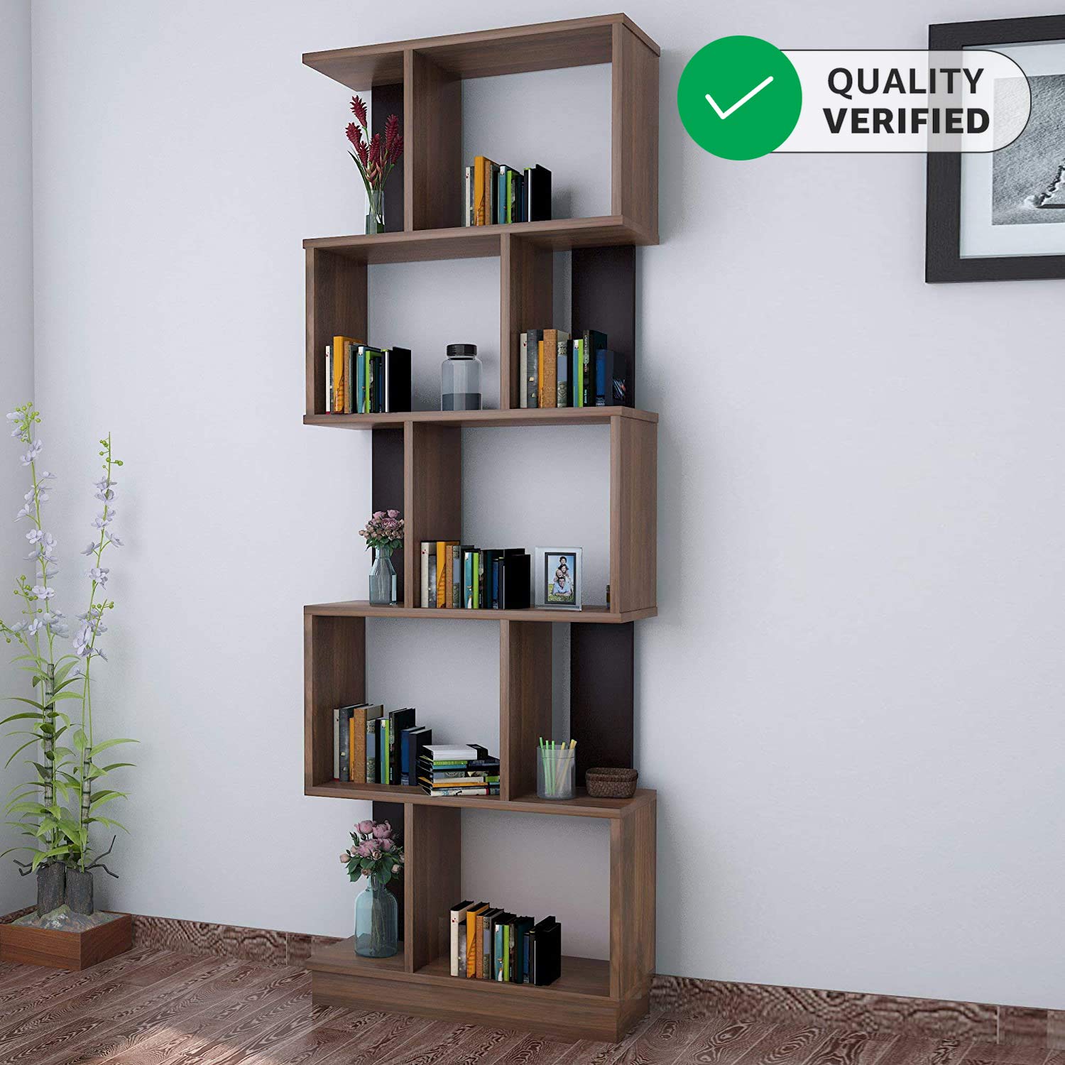 @home by Nilkamal Checkers 5 Tier Book Shelf (Melamine Finish, Walnut ...