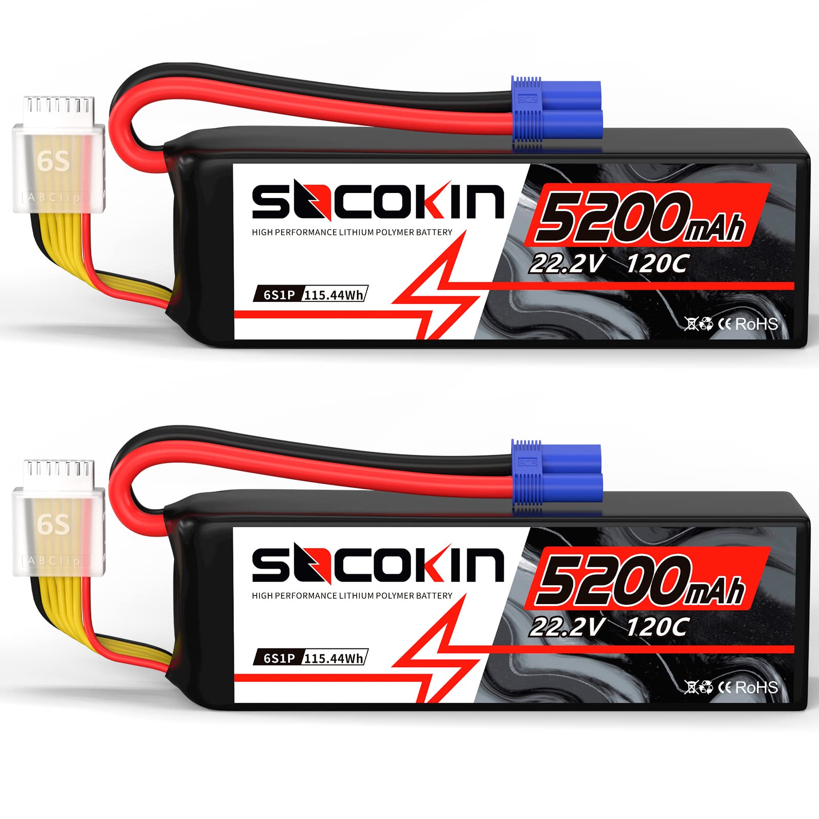 Socokin 6S Lipo Battery 22.2V 120C 5200mAh RC Battery Soft Case with ...