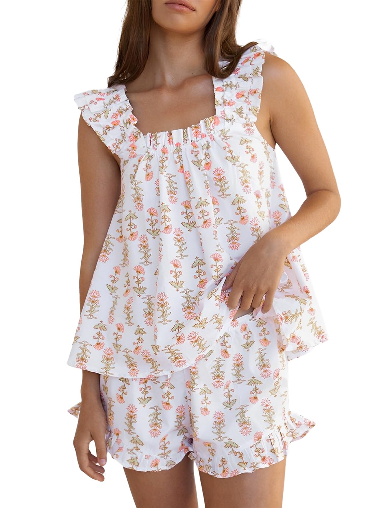 Wyeysyt Womens Floral Pajama Sets Ruffle Trim Cami Top and Shorts 2 ...