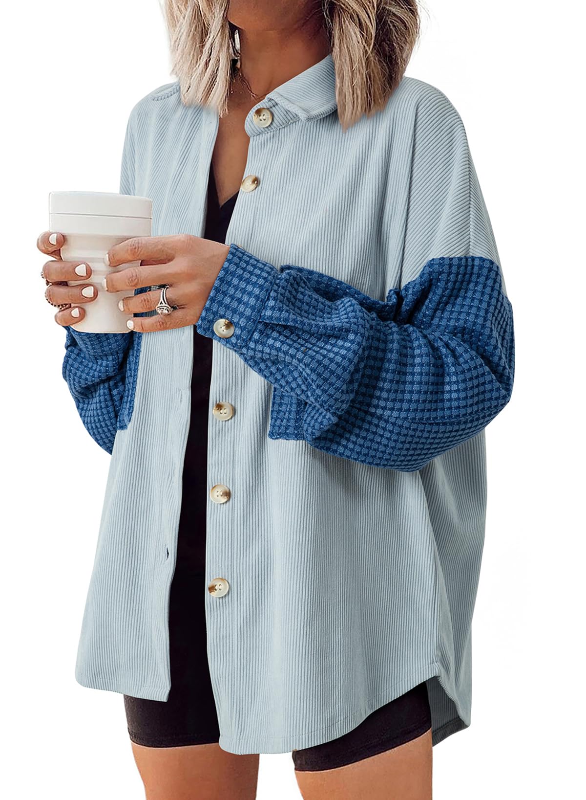 Astylish Womens Corduroy Flannel Shacket Color Block Waffle Jacket ...