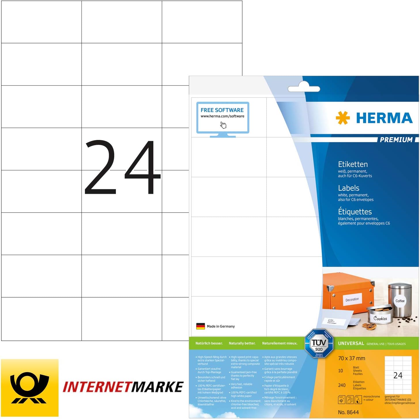 HERMA Self Adhesive Address Mailing Labels, 24 Labels Per A4 Sheet, 240 ...