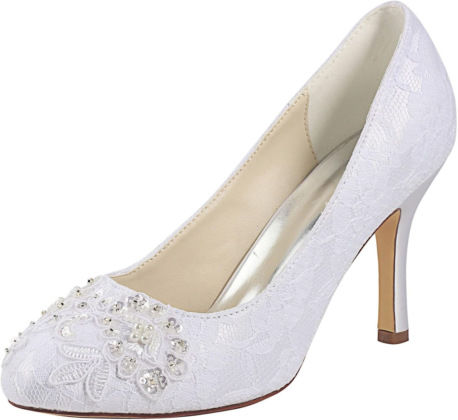 Emily Bridal Weiße Hochzeit Schuhe Spitze Perlen Round Toe Nachgeahmte ...