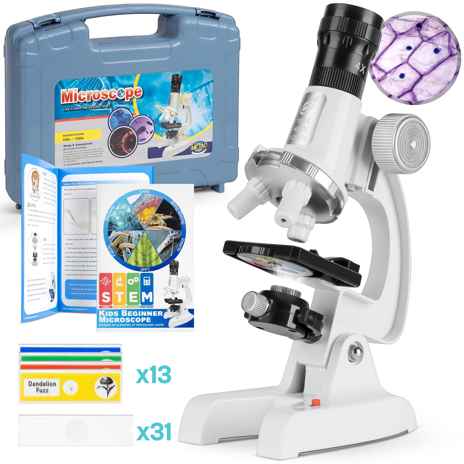 Uarzt Kids Beginner Microscope Science Kit with 100X-1200X [2024 New ...