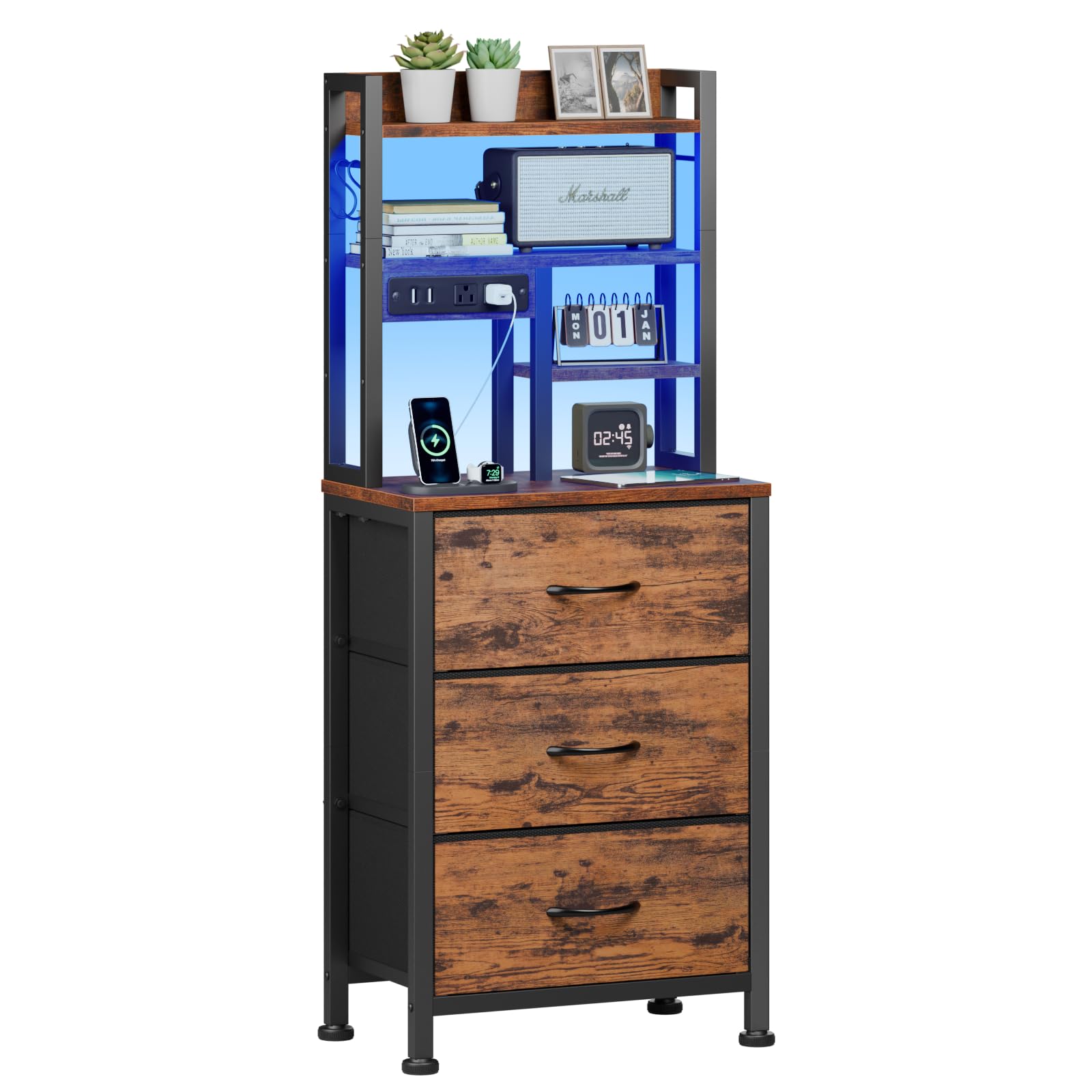 Furnulem Tall Night Stand with 3 Fabric Drawers and LED Lights ...