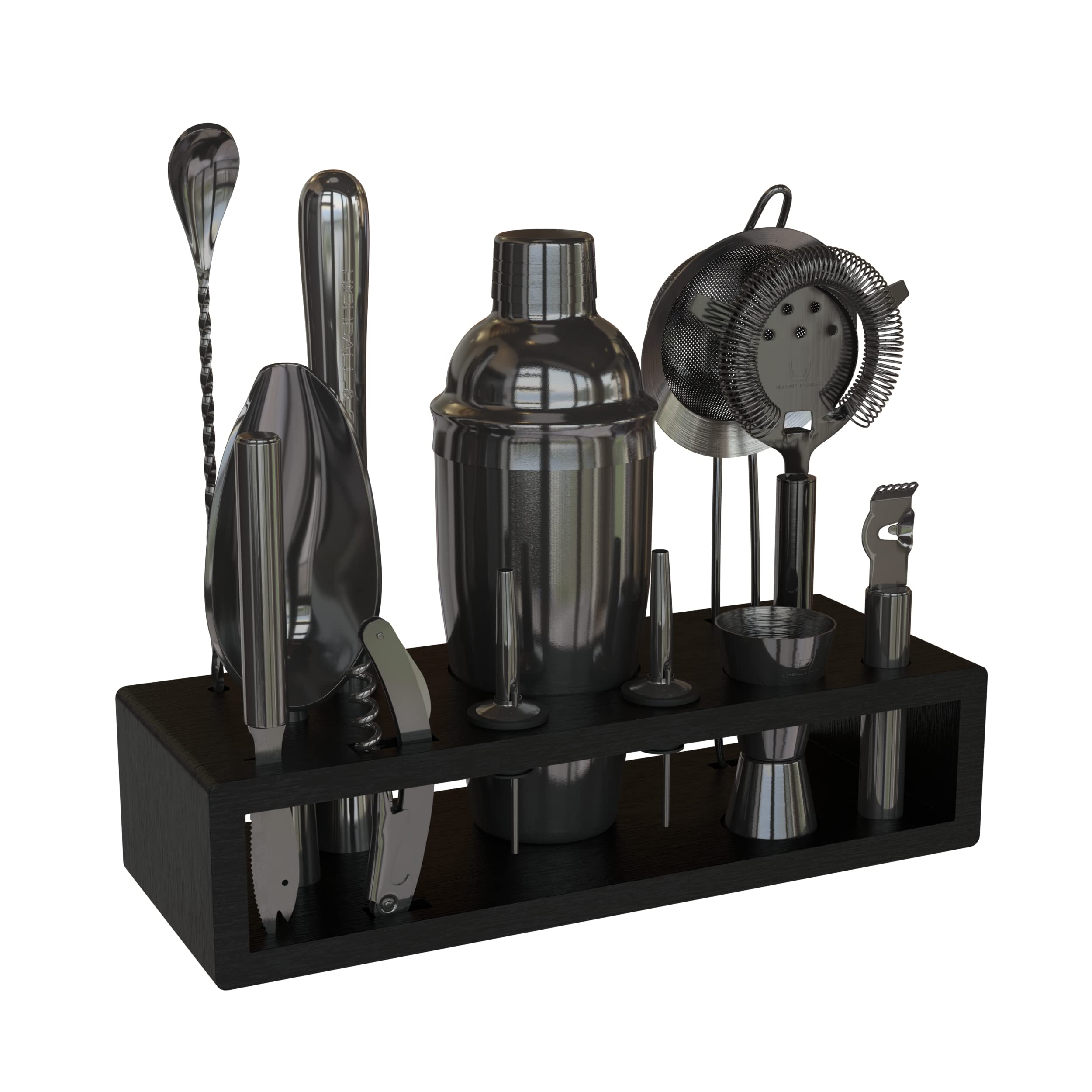 Highball & Chaser 13-Piece Cobbler Cocktail Shaker Set: Black Polished ...