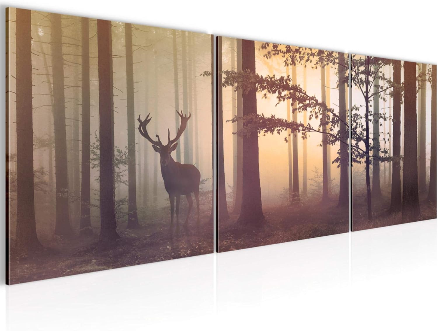 Wandbild Wald Hirsch Bilder 120 x 40 cm Vlies - Leinwand Bild XXL ...