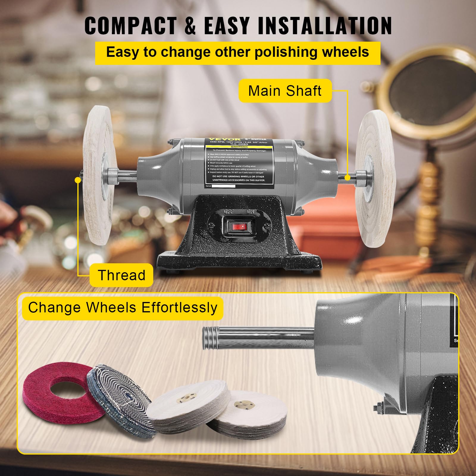 Mua VEVOR Bench Buffer Polisher, 8 inch Buffing Machine 370W Motor with ...