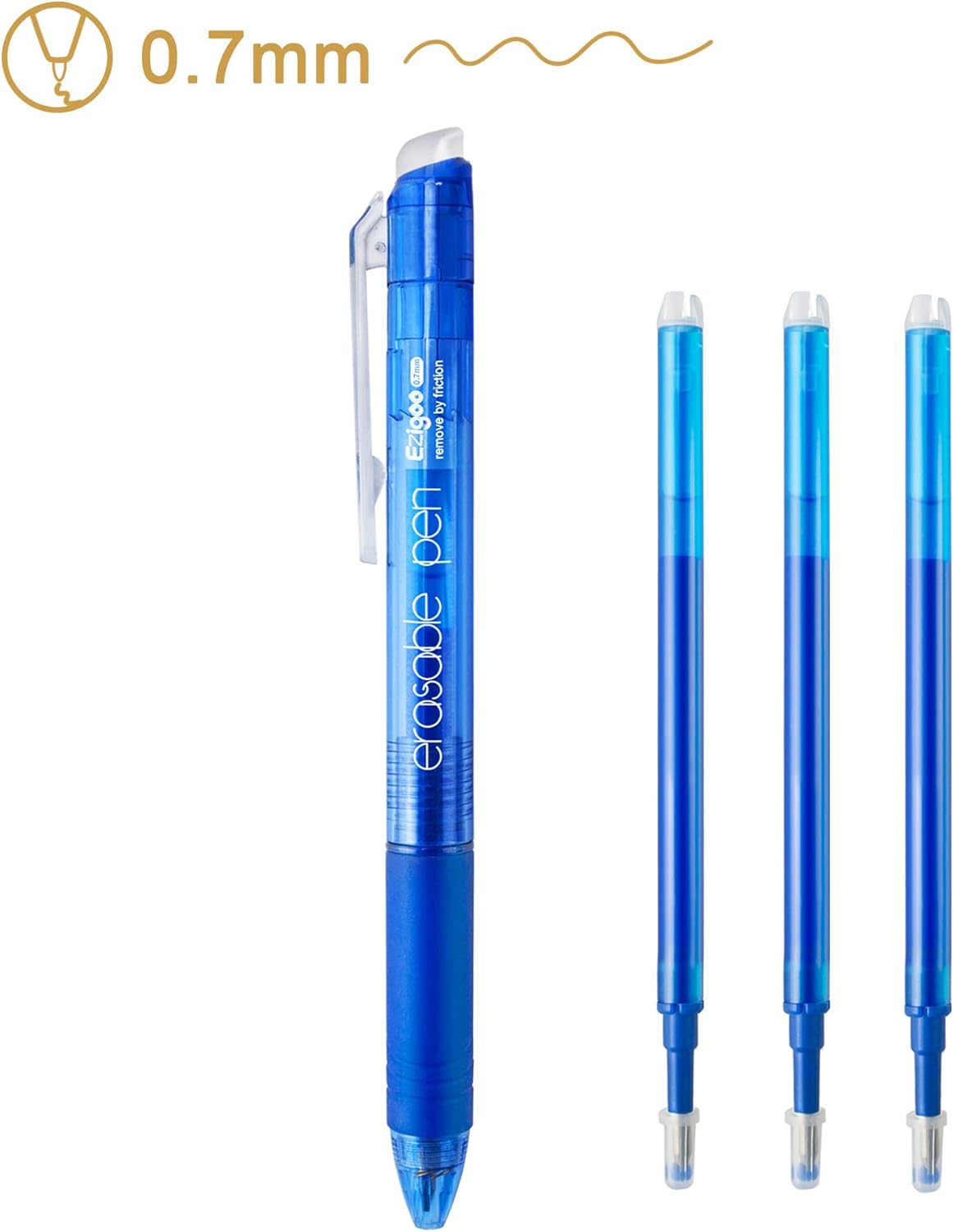 Ezigoo Bolígrafo Borrable Azul- Bolígrafo Retráctil con Clip Botón y Punta 0.7 mm (paquete de 1 ...