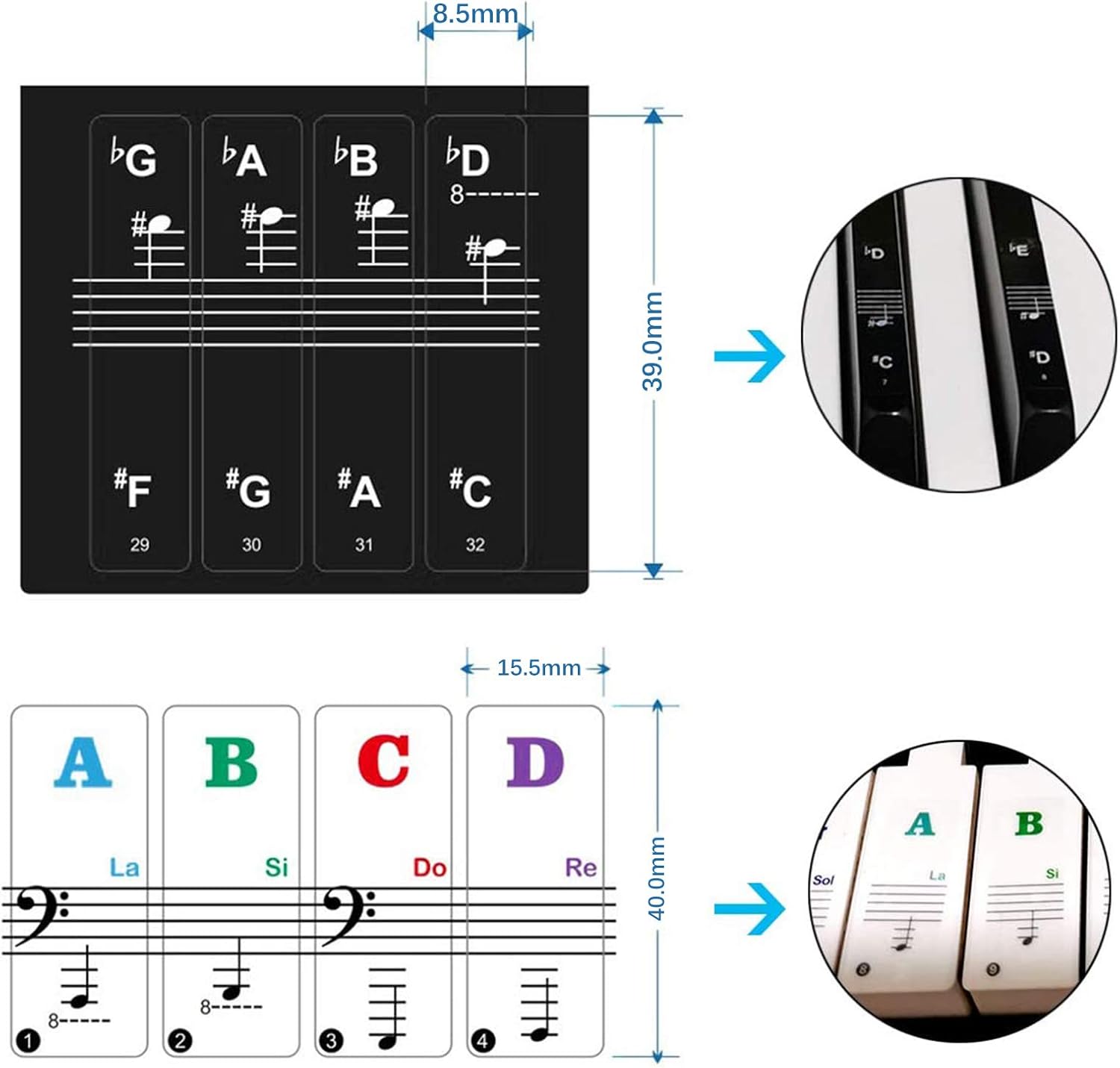 AMOLEY Piano Stickers for 88/61/54/49 Keyboards, 4 Sheets Removable ...