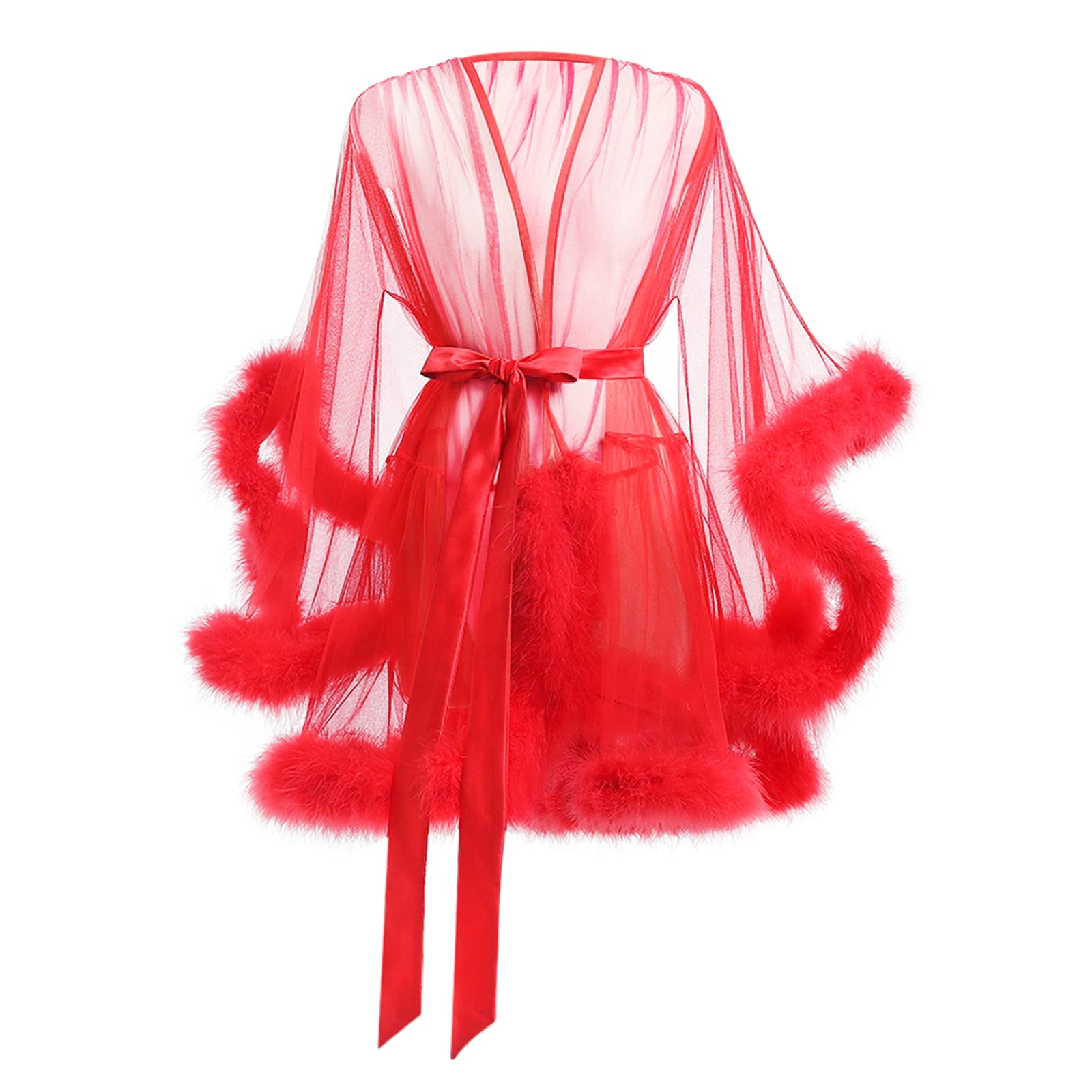 Women's Tulle Feather Robe Red Long Bridal Robes Sexy Tulle Lingerie ...