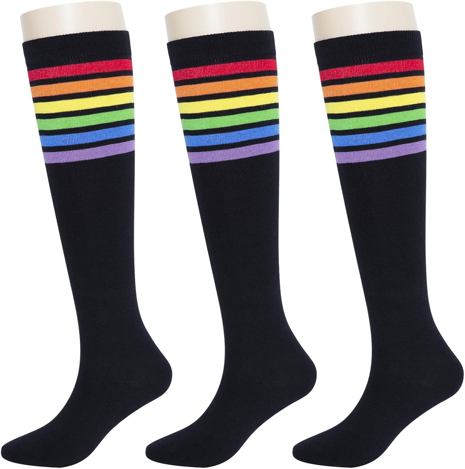 KONY Women's 3 Pairs Cotton Colorful Striped Rainbow Knee High Socks ...