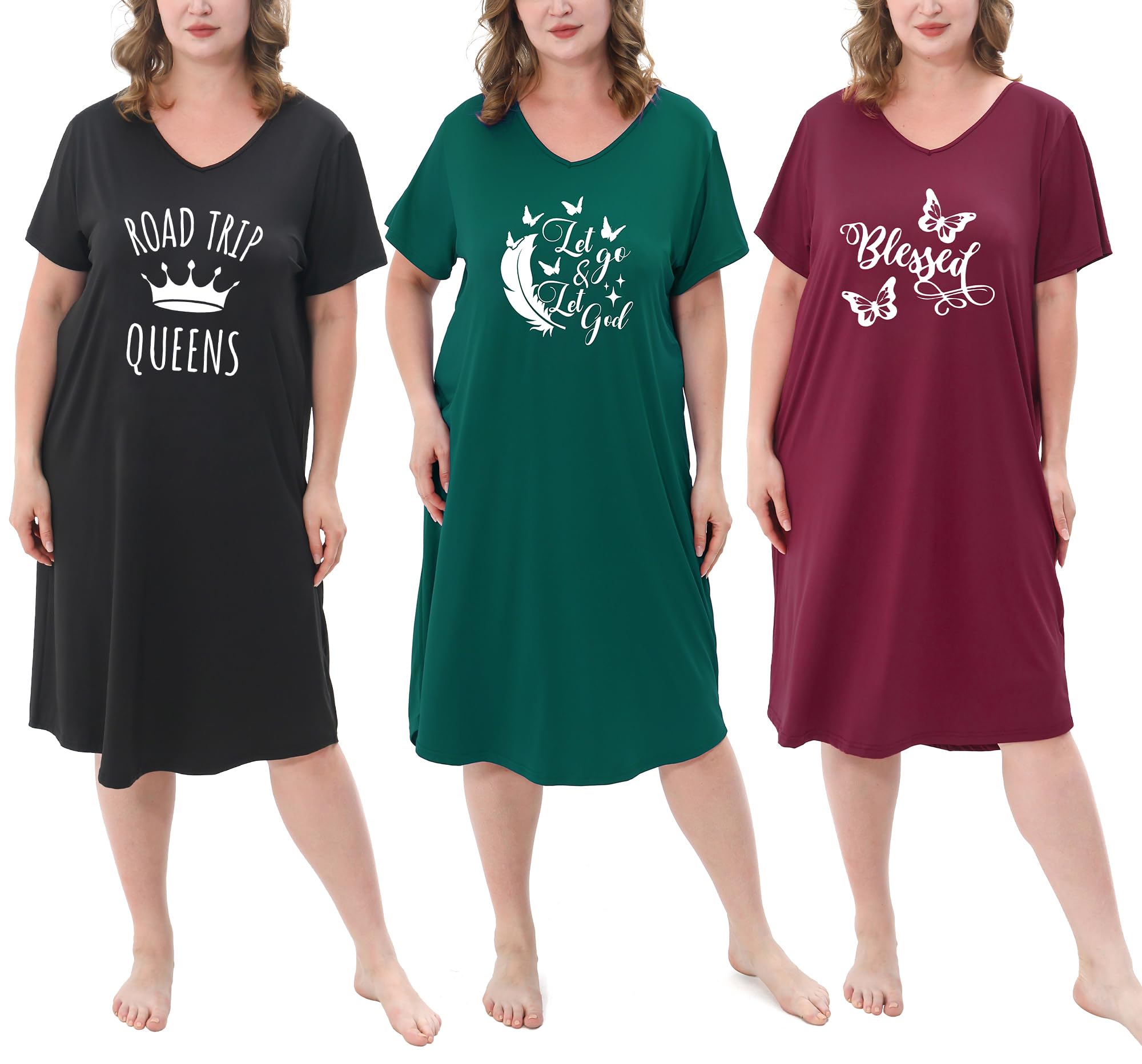 FEREMO 3 Pack Plus Size Women's Nightgown Soft Print Nightshirts for ...