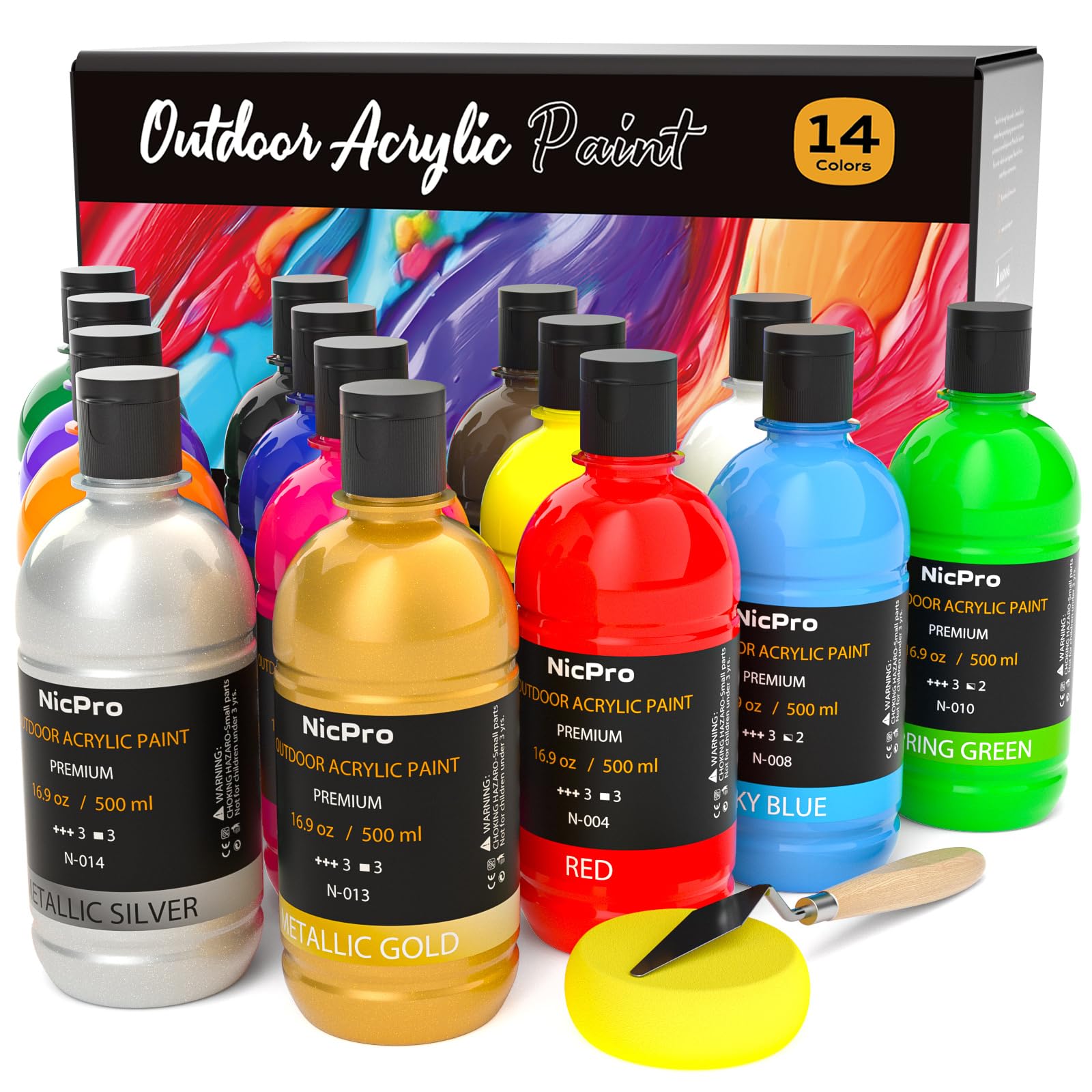 Nicpro 14 Colors Large Bulk Outdoor Acrylic Paint Set (16.9 oz, 500 ml ...