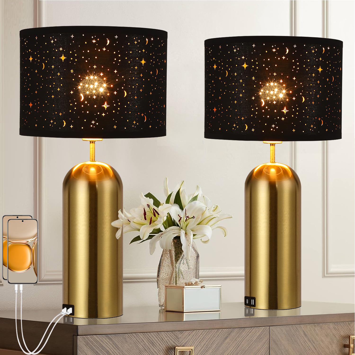 Touch Control Lamps Set of 2 Gold Table Lamps 3-Way Dimmable with USB A ...