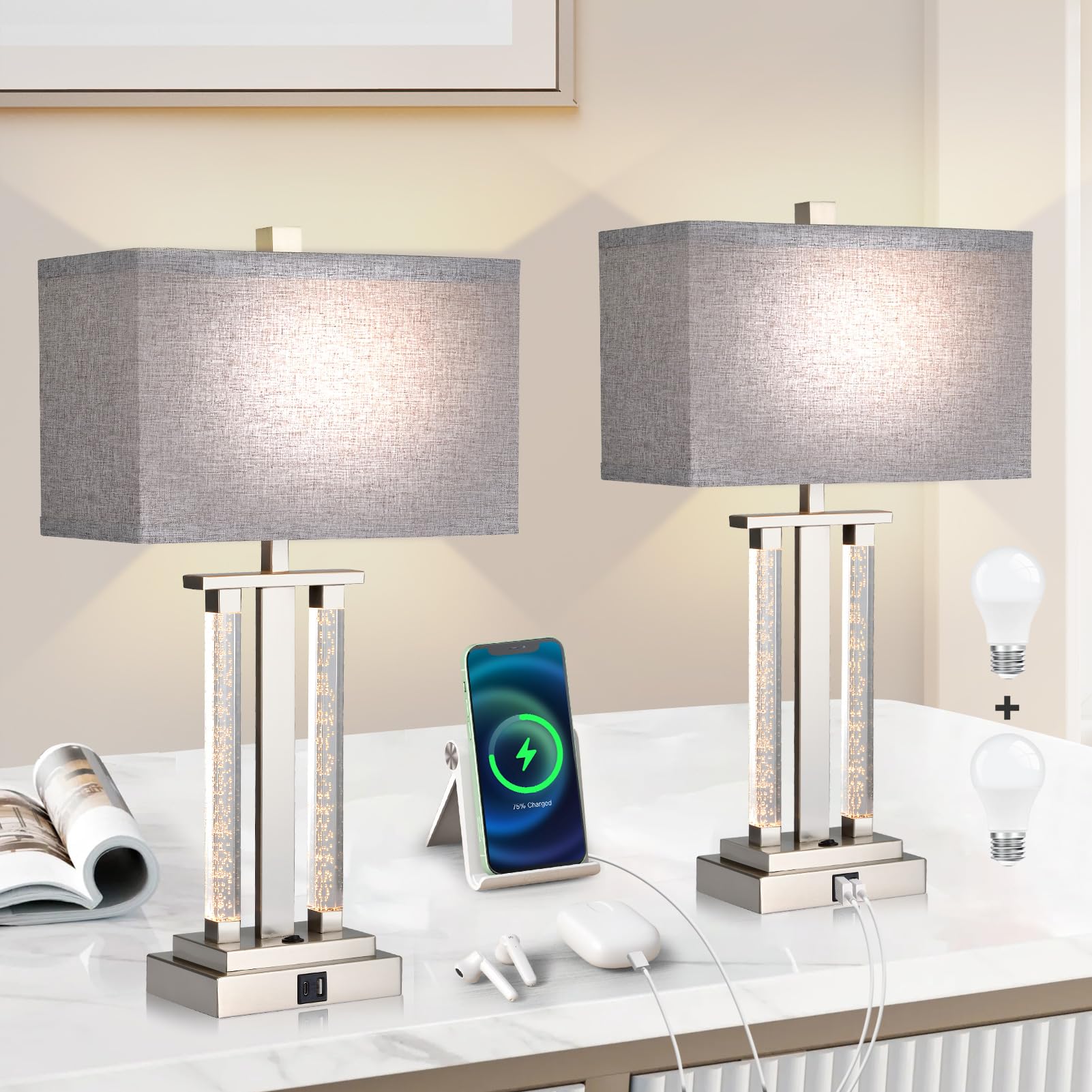 Lovlast Silver Lamps Set of 2, 3-Way Lighting Modes Bedside Lamps for ...