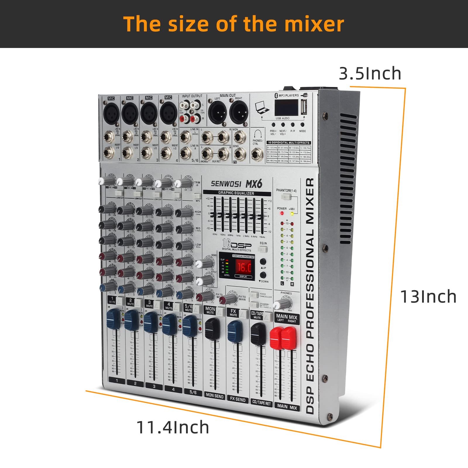 Mua SENWOSI 6-Channel All-metal panel Audio Mixer, BT USB PC Recording ...