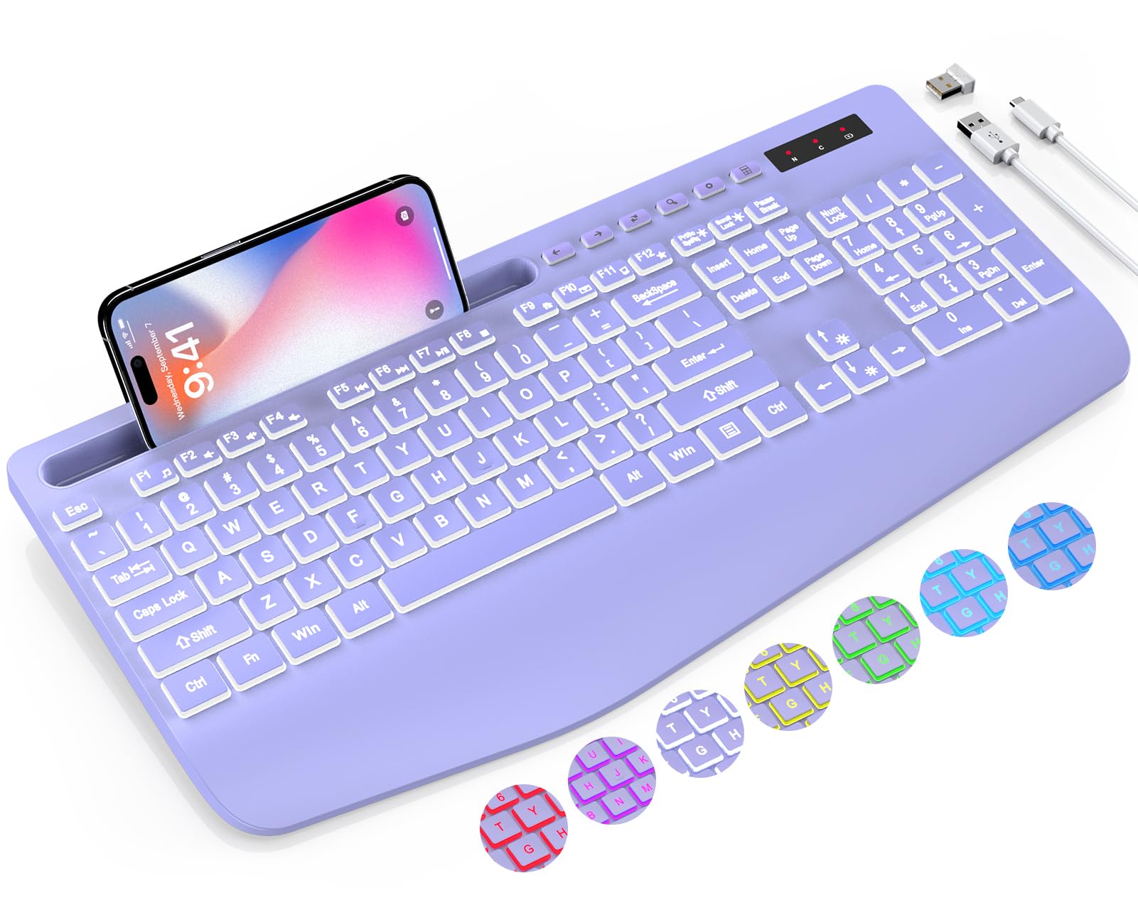 SABLUTE Wireless Keyboard with 7 Single Color Backlits, Wrist Rest ...