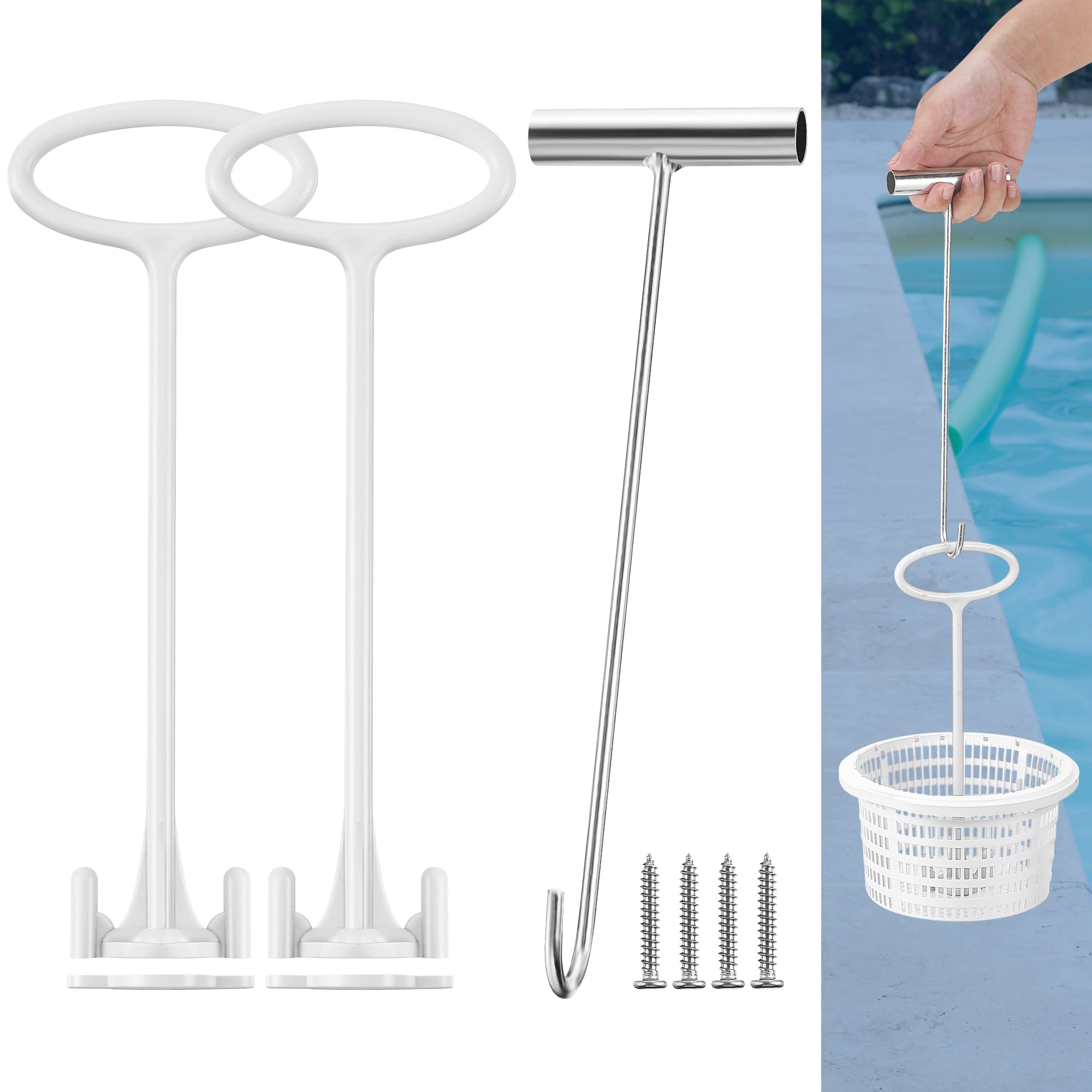 2 Pc Skimmer Basket Handle and 1 Pc Hook, Pool Skimmer Handle Fit All ...