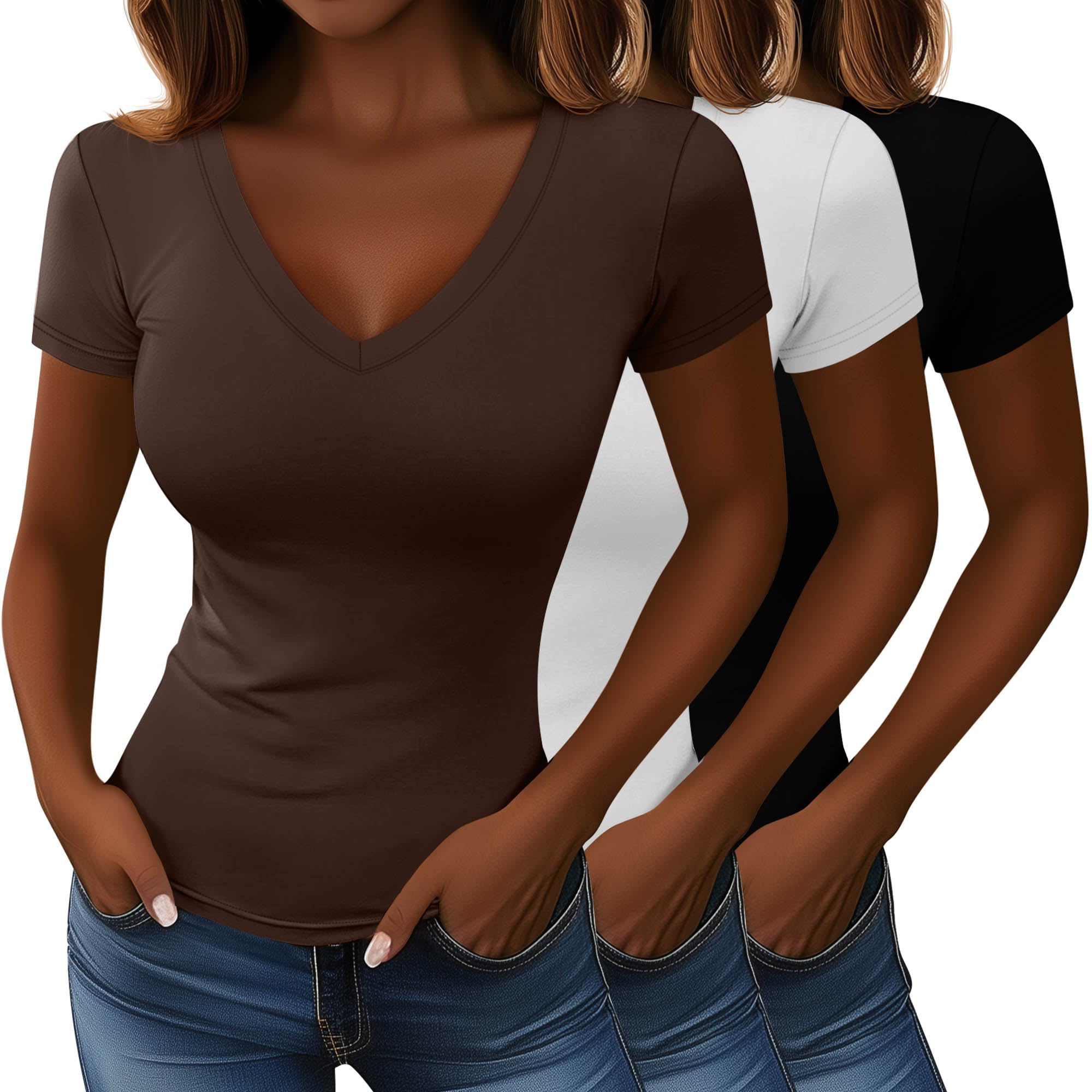 Huukeay 3 Pack Women's Deep V Neck Shirts, Cotton Short Sleeves Slim Fitted Top Summer Going Out ...
