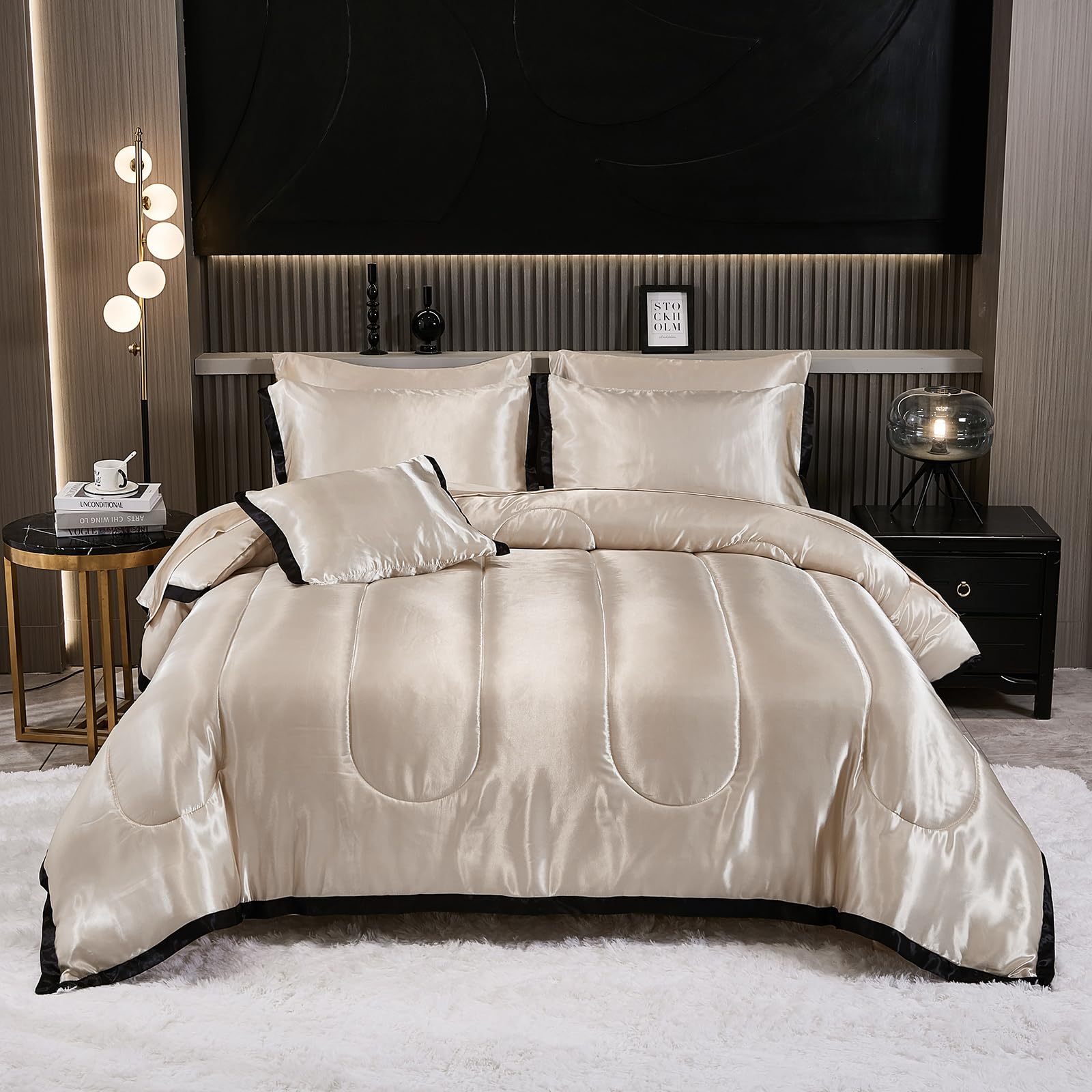 Satin Queen Comforter Set Silk Like Beige Bedding Comforter 8 Pieces ...
