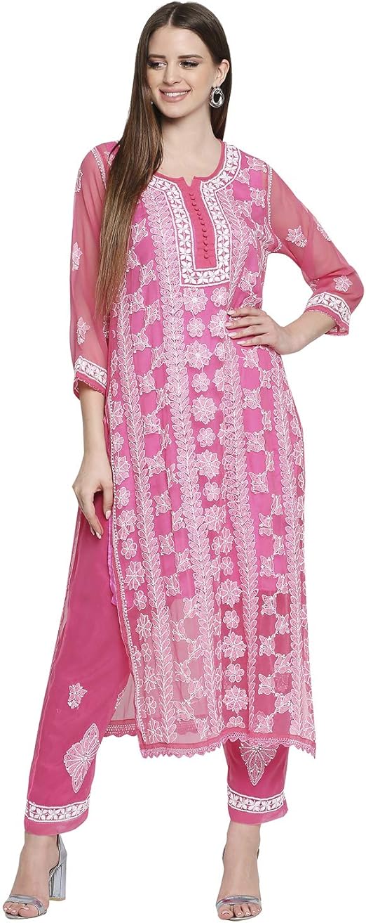 Indiankala4U Lucknowi Chikankari Hand embroidered long Kurti Palazzo ...
