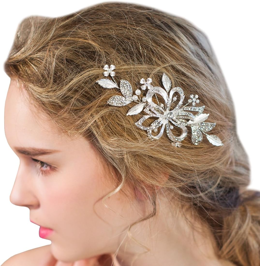 Braut Silber handgefertigte Hair Clips Crystal Strass Perlen Blumen ...