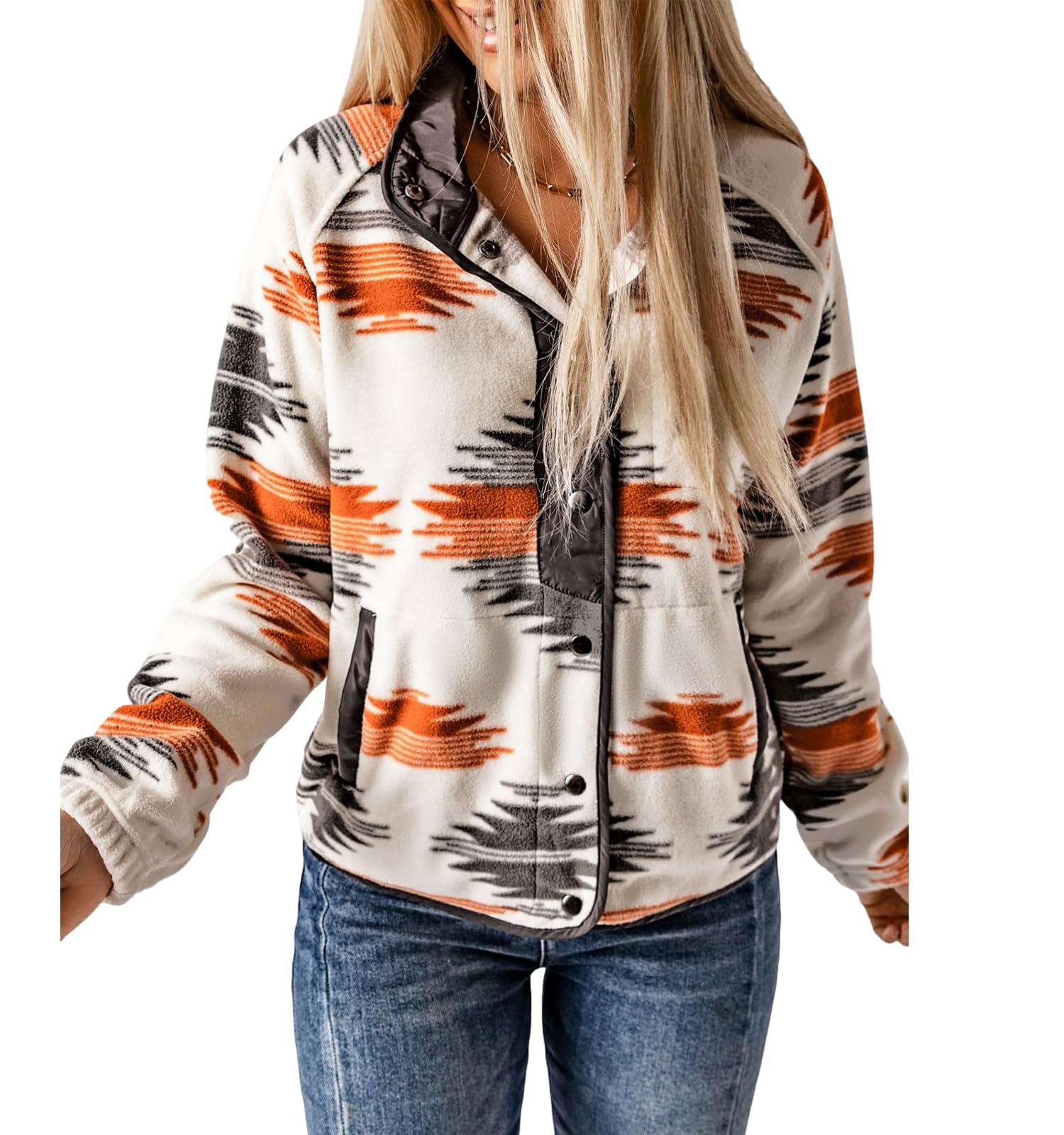 UATKIMI Women's Fleece Jacket Aztec Print Shacket Long Sleeve Snap ...