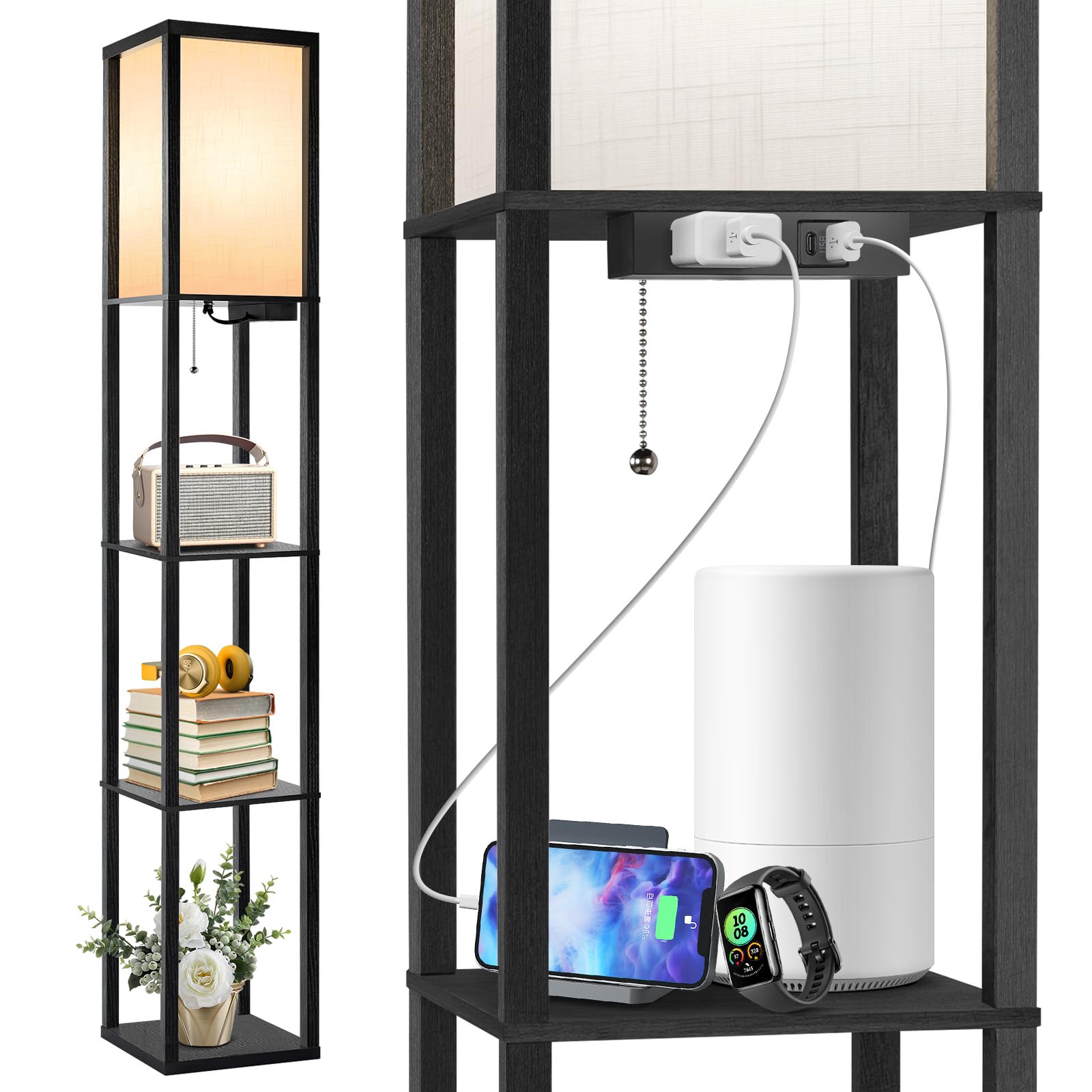 OUTON Floor Lamp with Shelves, LED Shelf Floor Lamp with 1 USB & 1 Type ...