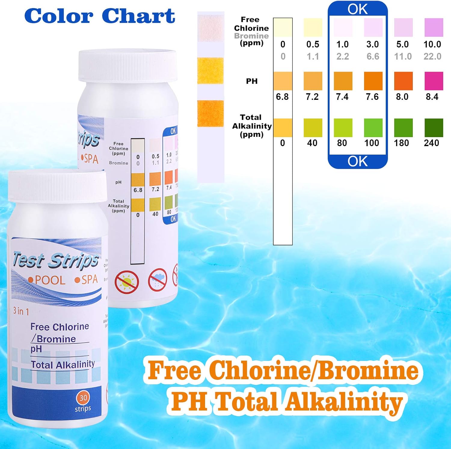 ADXCO 30 Pieces Water Test Strips, 3 in 1 Pool and Spa Dipping Test ...