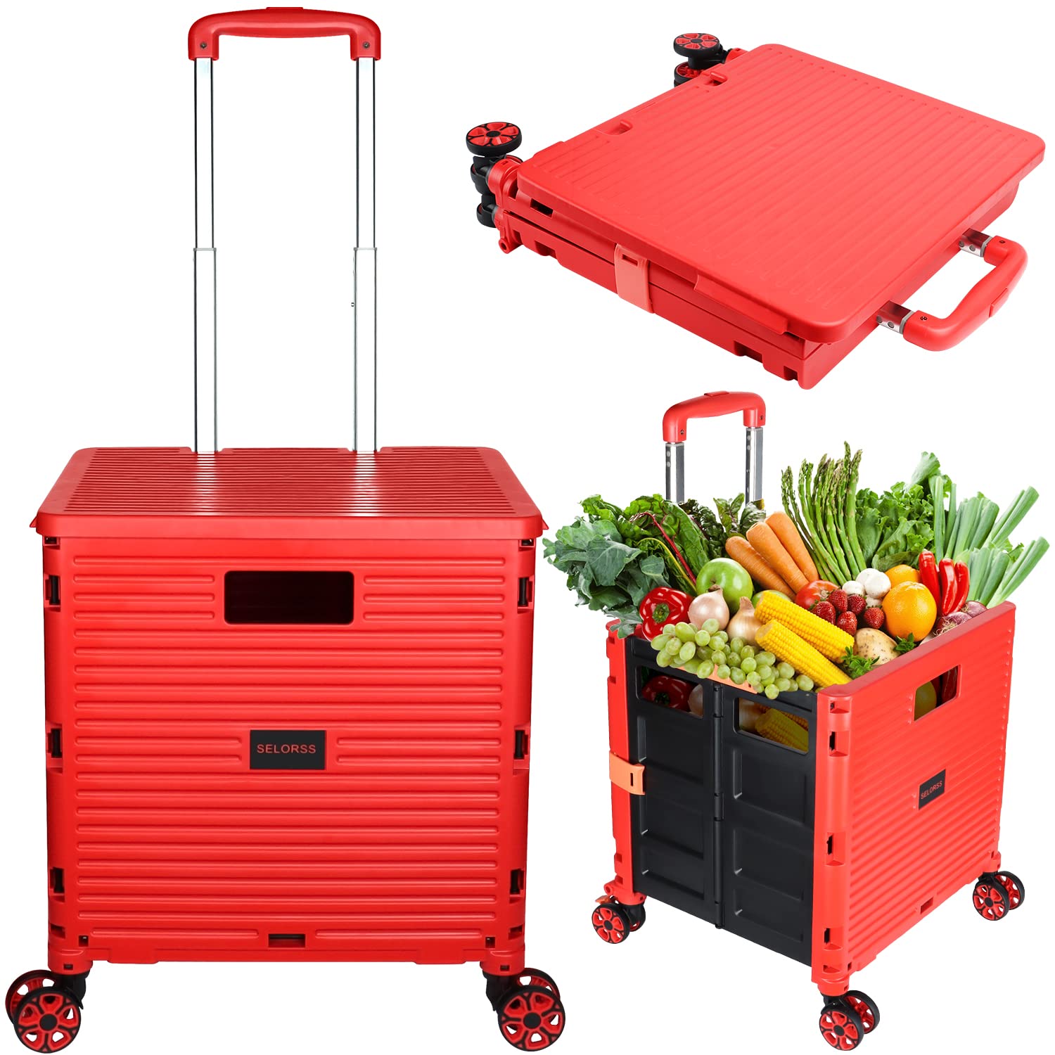 SELORSS Foldable Utility Cart Portable Collapsible Crate Rolling Carts ...