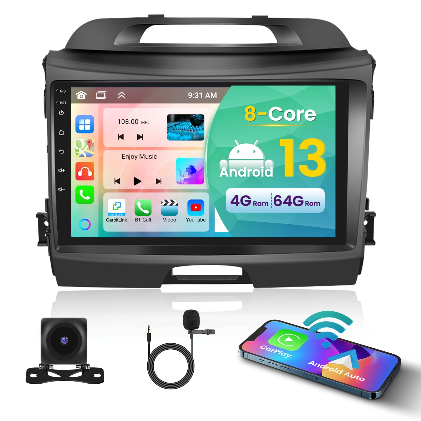 8 Core 4G+64G Android 13 Radio Kit Upgrade for Kia Sportage 2010-2016 with Wireless Carplay ...
