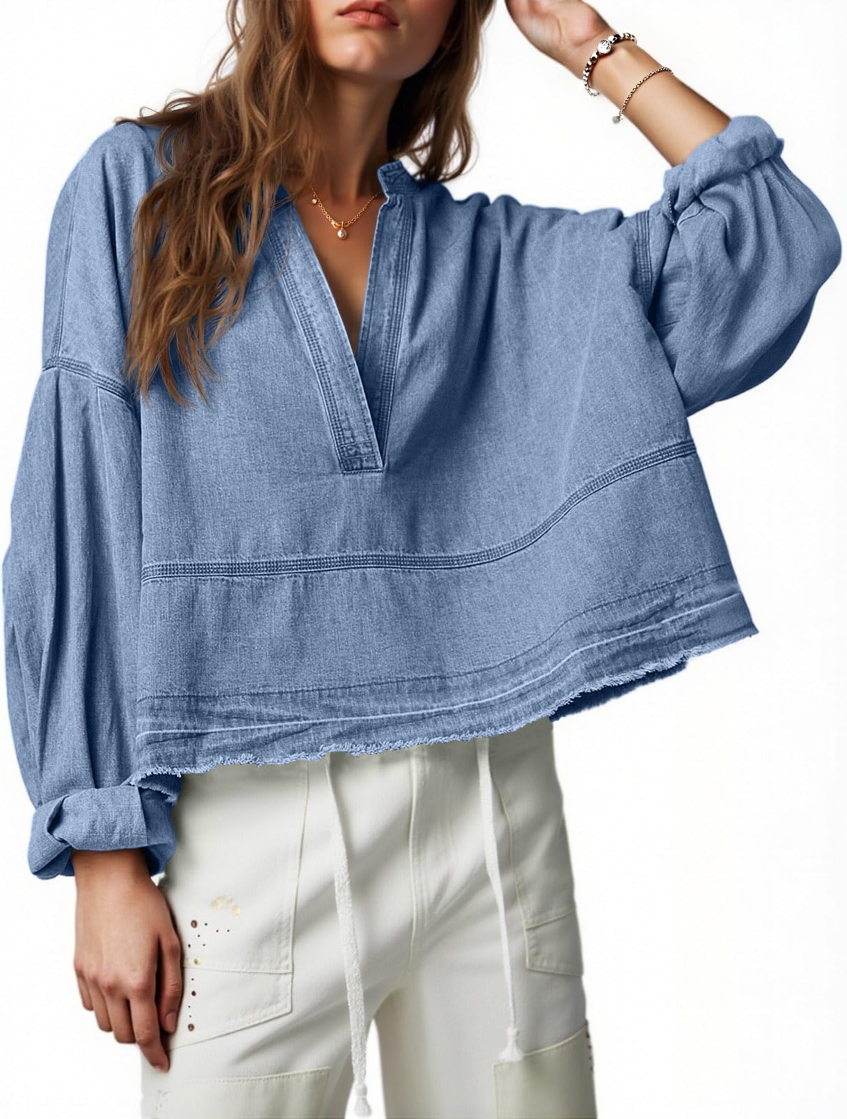PLNOTME Womens Denim Tops Pullover Trendy Casual V Neck Loose Fit Puff ...