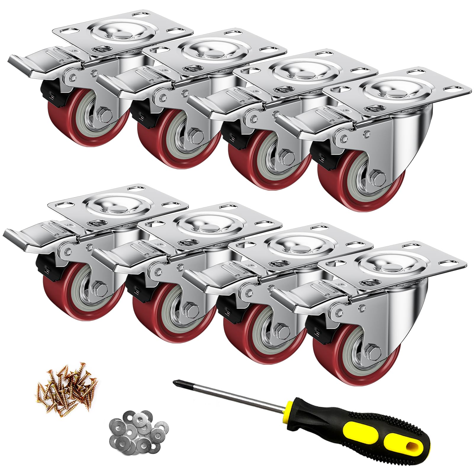 2 Inch Caster Wheels, Casters Set of 8, ASHGOOB Red Polyurethane (PU ...