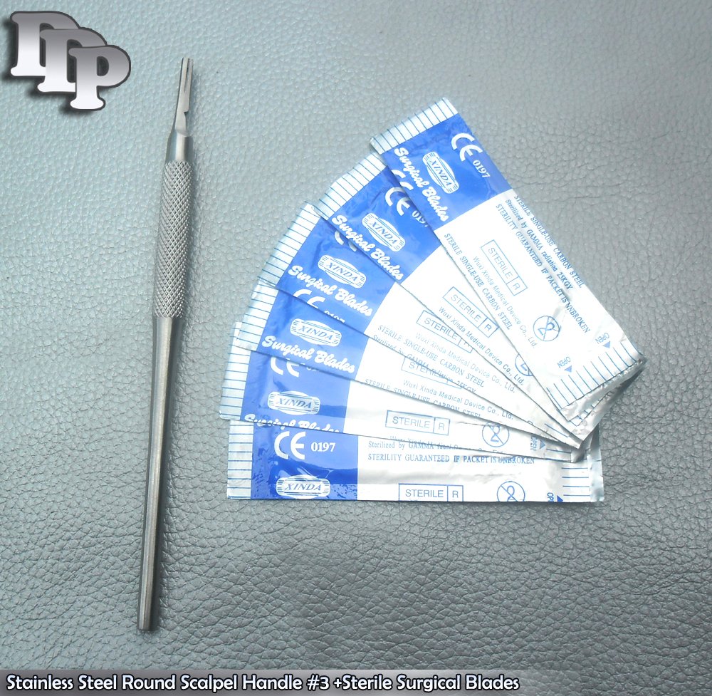 Round Scalpel Handle #3 Stainless Steel+5 Sterile Surgical Blades #12 ...
