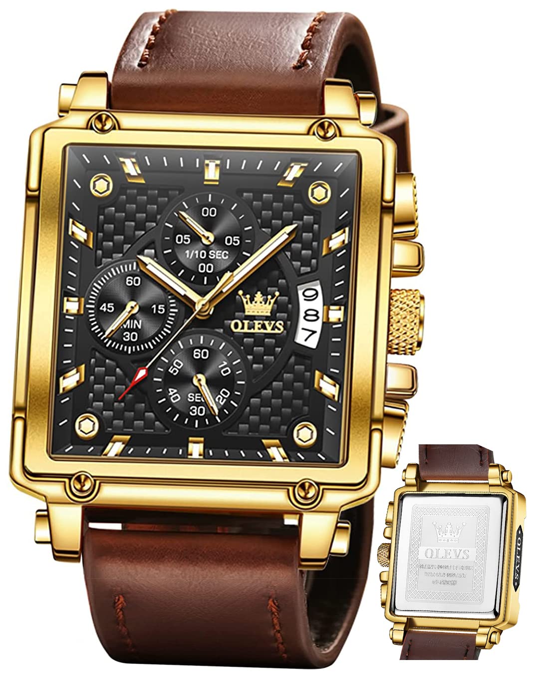 OLEVS Square Watches for Men Brown Leather Chronograph Fashion Business ...