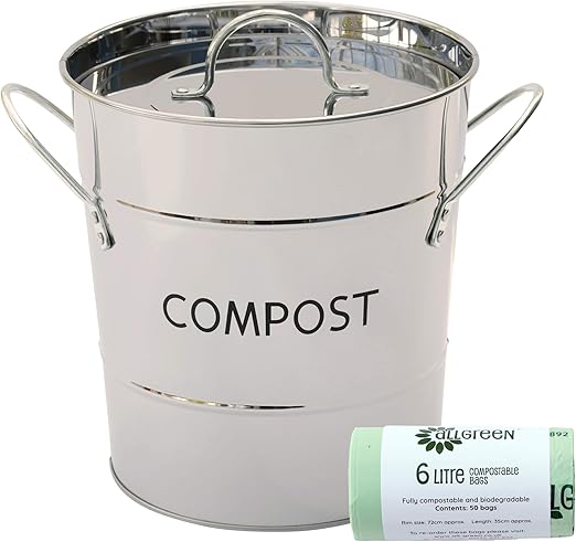 Stainless Steel Metal Kitchen Compost Caddy & 50x 6L All-Green ...