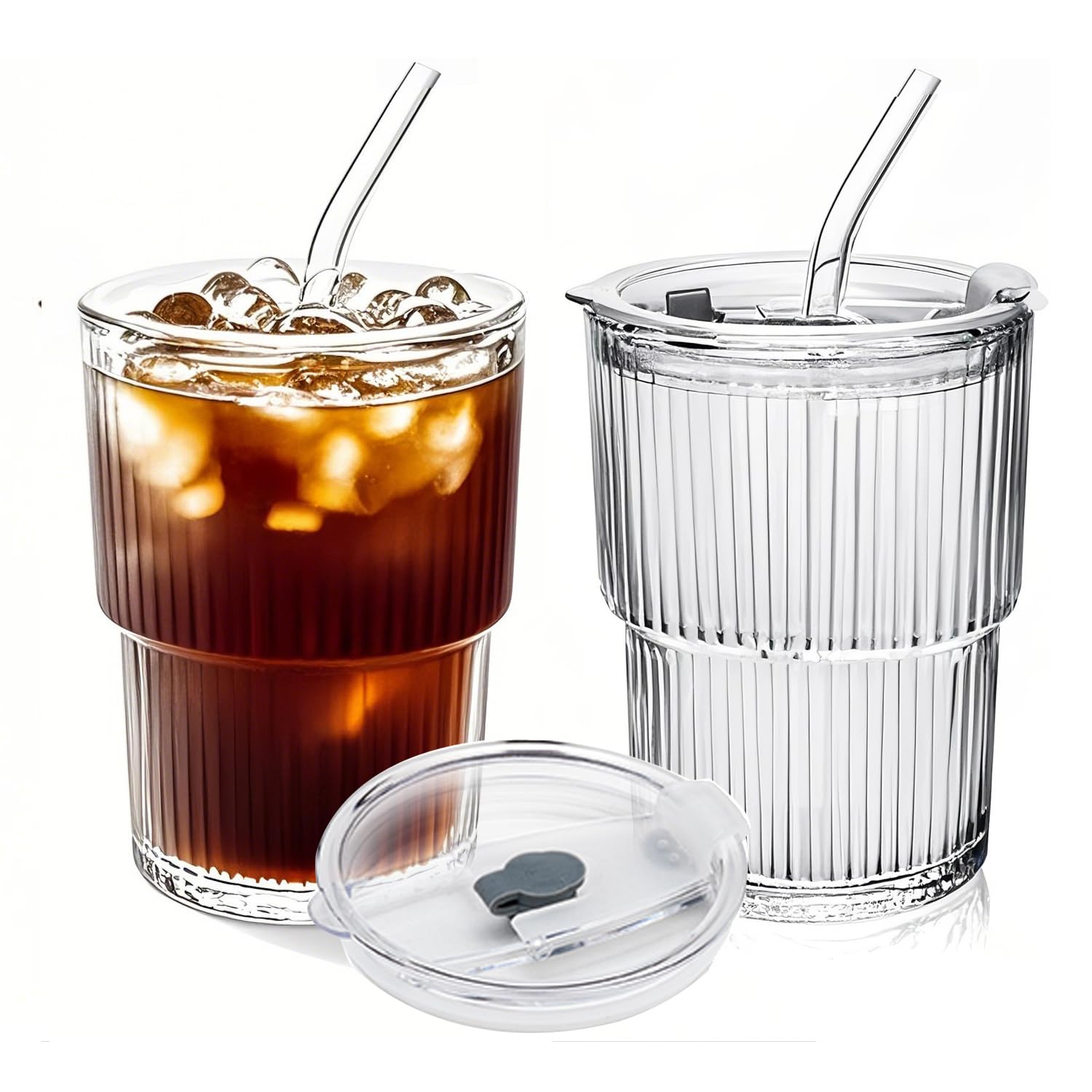 Lioong 2pcs Glass Coffee Cups with Lids and Straws,13Oz Ice Coffee Cup ...