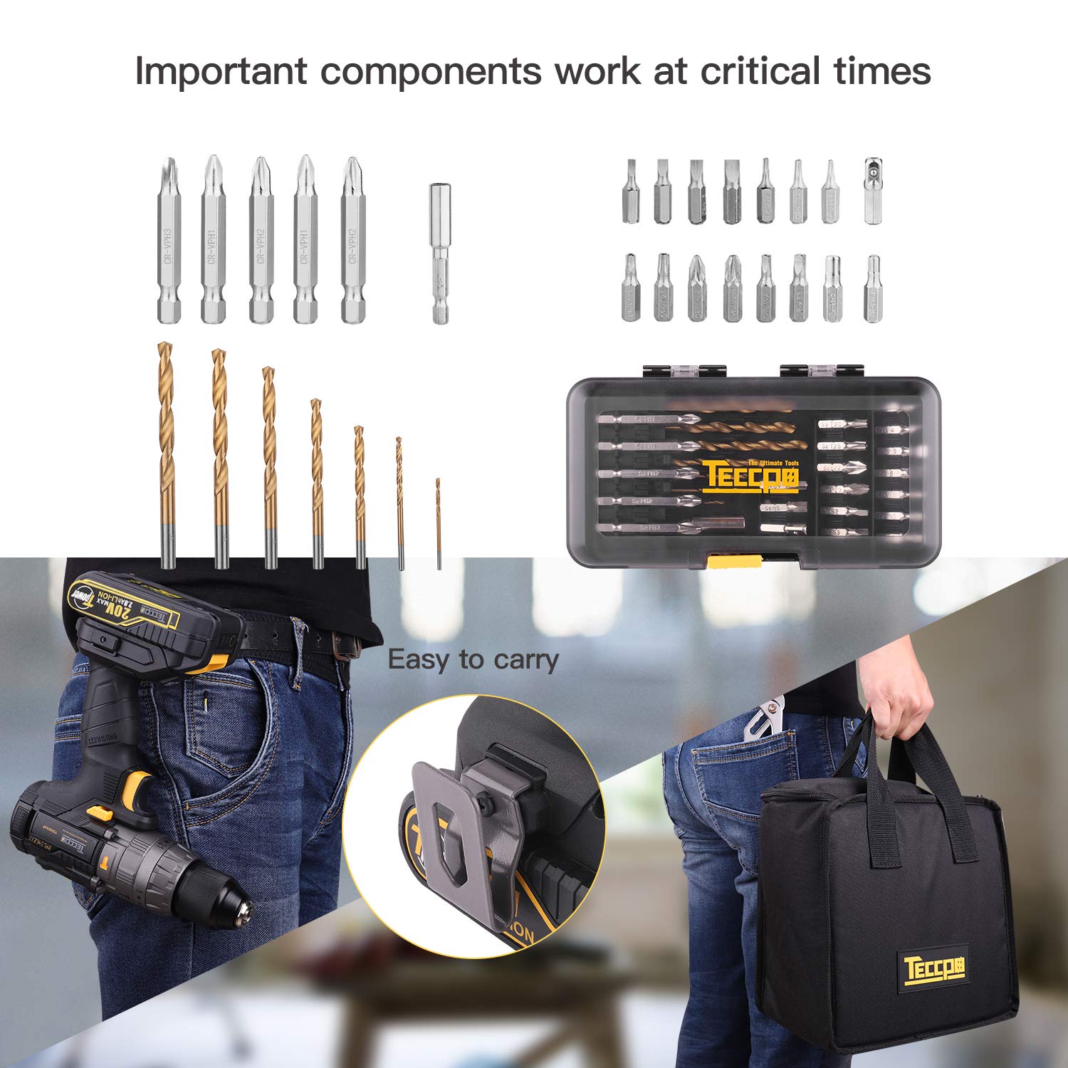 30mins Fast Charger TECCPO Professional 60Nm Cordless Drill with 2 ...