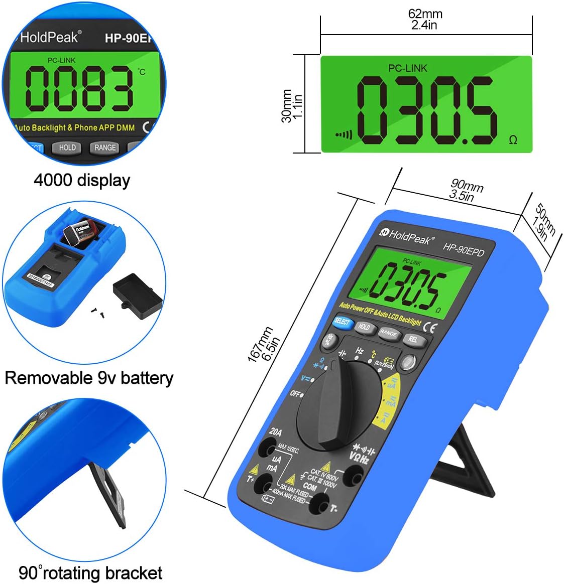 Holdpeak HP-90EPD Digital Multimeter Bluetooth APP Multimeter Multi ...