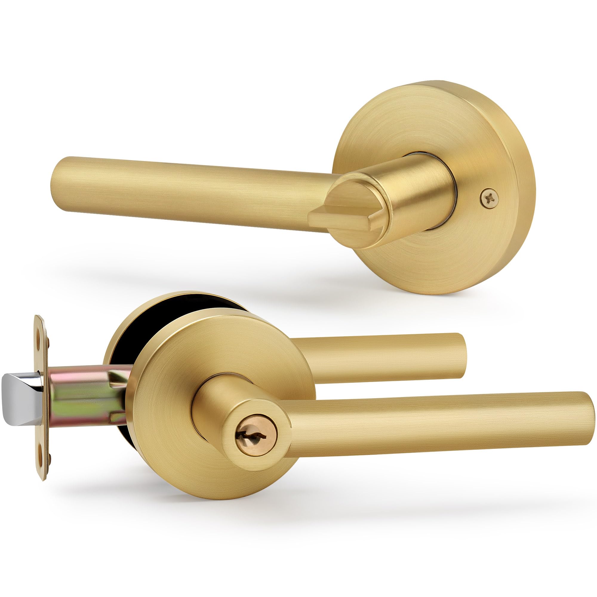 LOQRON Brushed Gold Entry Door Handle with Lock and Keys, Round Design ...