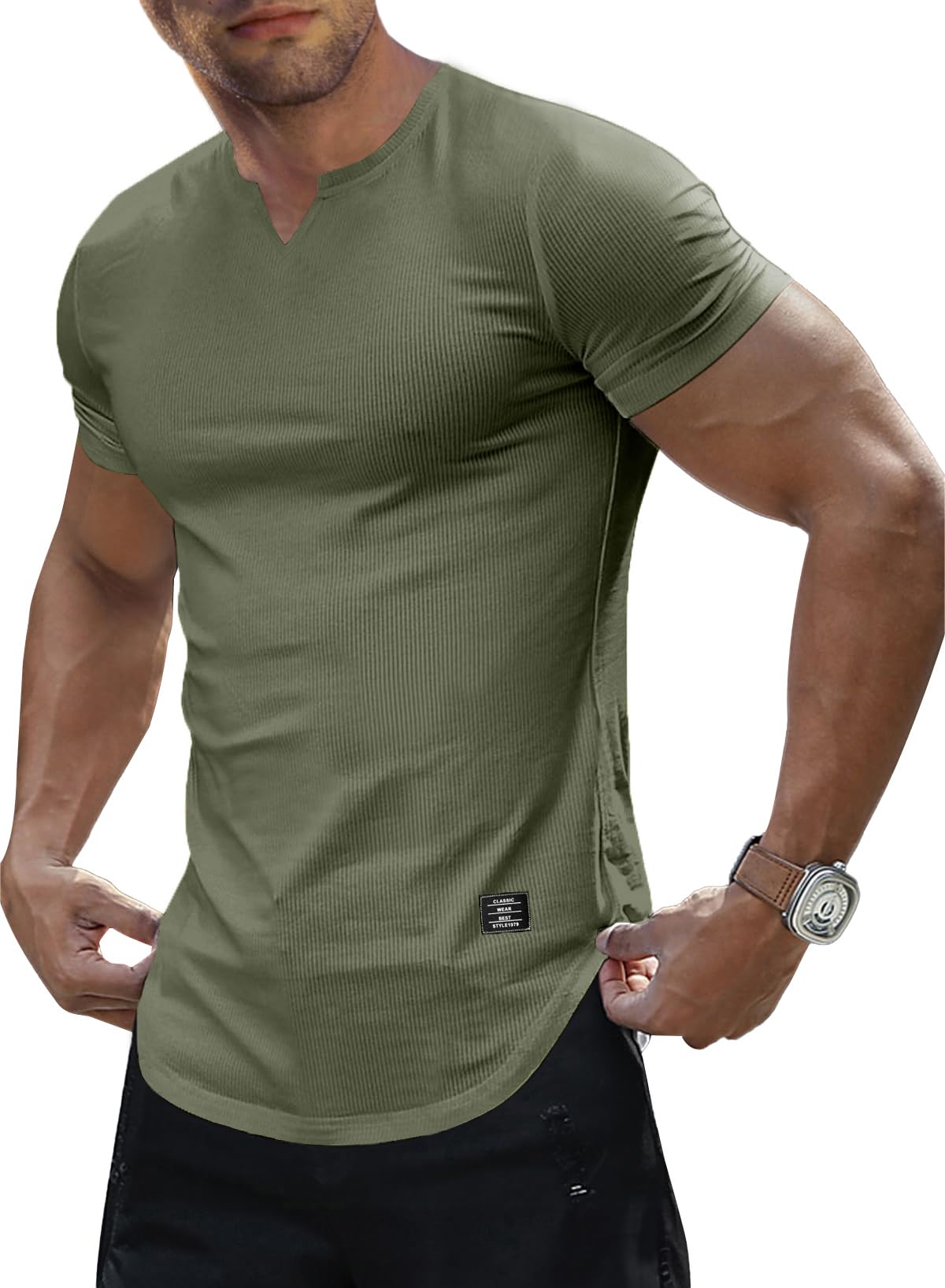 JMIERR Muscle Shirts for Men Slim T Shirt V-Neck Hip Hop Longline Henley Light Green Shirt Short ...