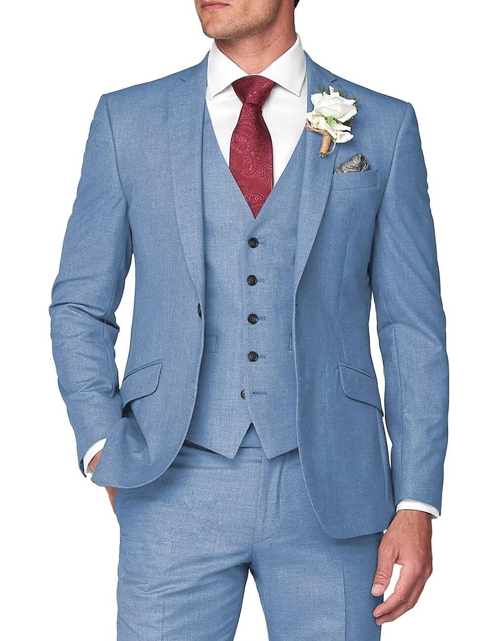 HUUTOE Mens 3 Piece Slim Fit Suits Wedding Prom Dusty Blue Suits for ...