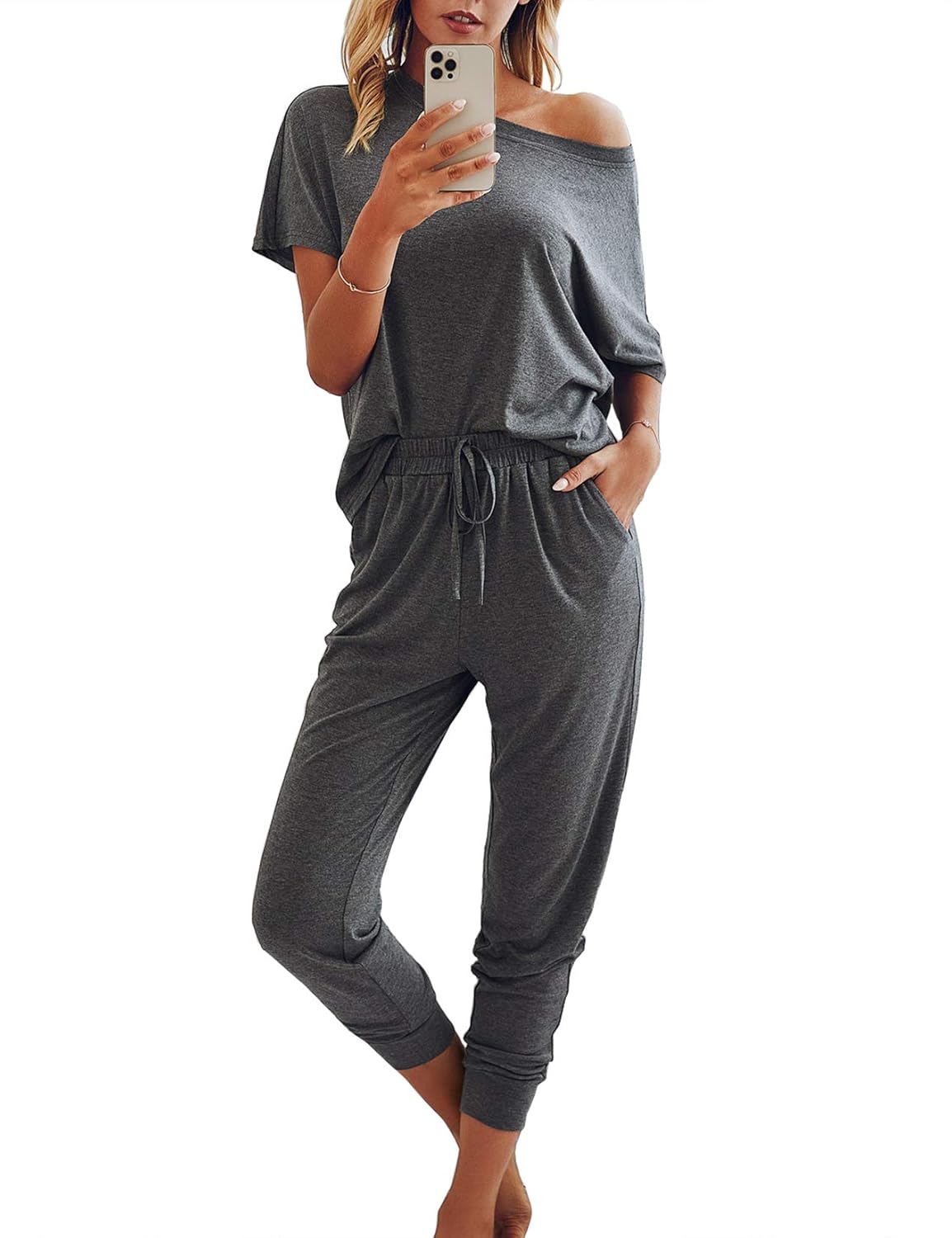Buy Women's Solid Color Two Piece Pajamas Set Short Sleeves Batwing ...