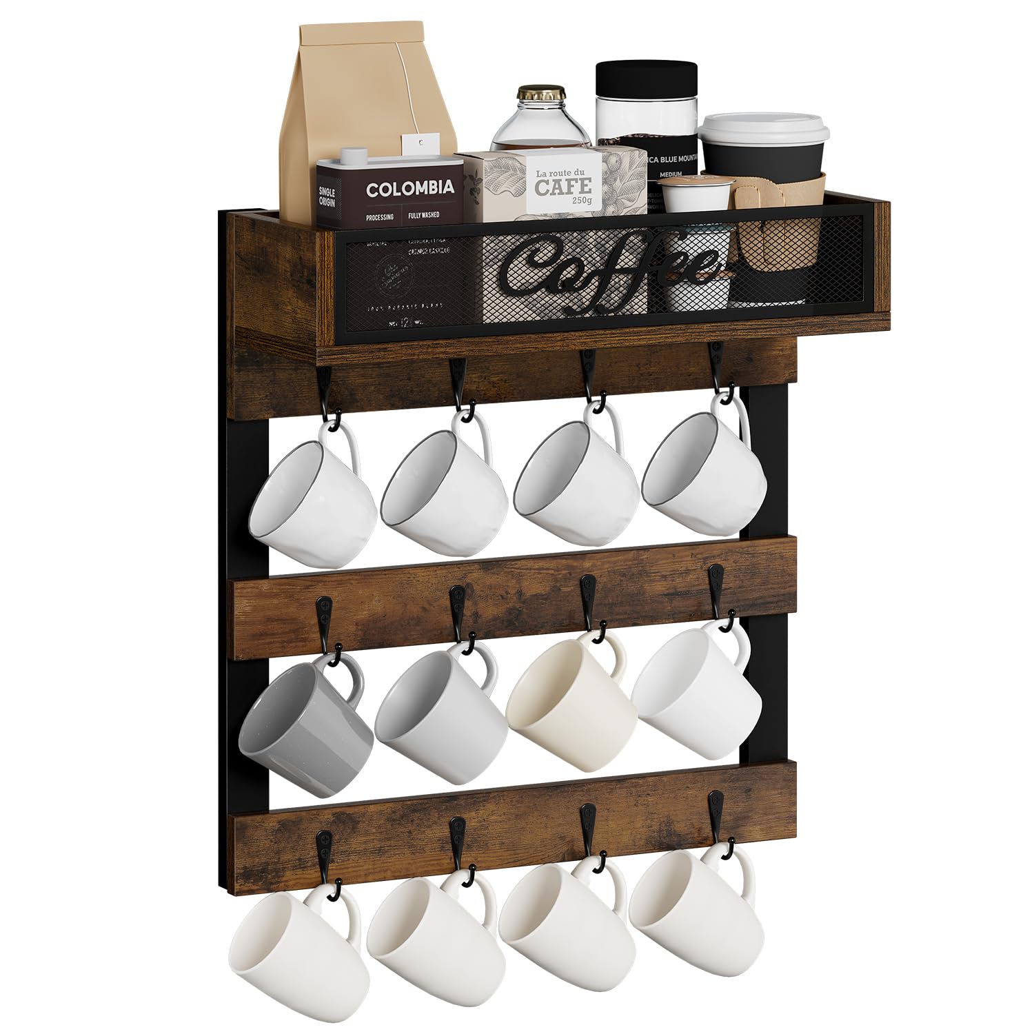 YINMIT Wall Mounted 3-Tier Coffee Cup Rack with 12 Hooks, Rustic Wood ...