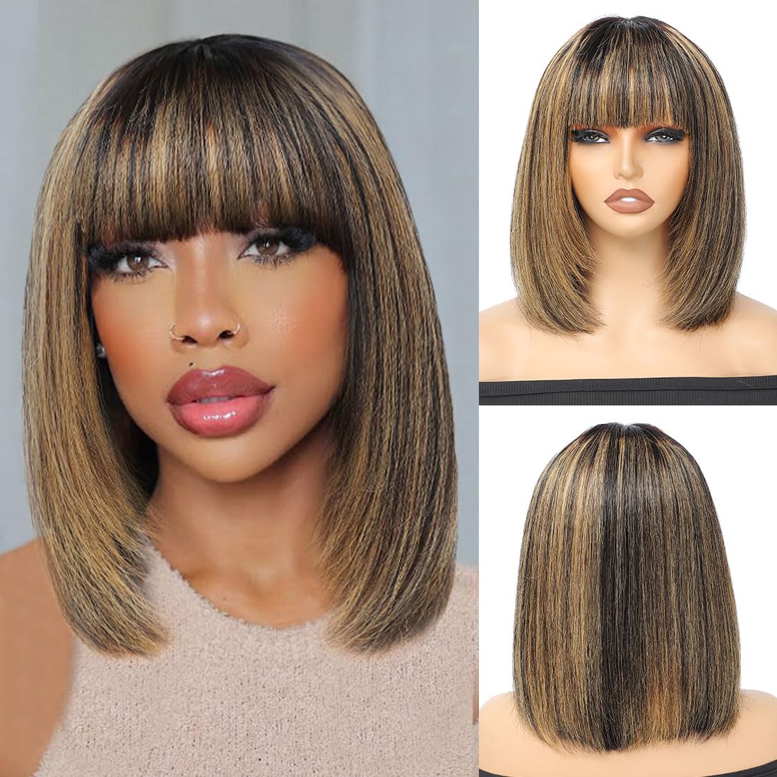 Short Bob Wig with Bangs Human Hair 12 Inch Honey Blonde Highlight Wig ...