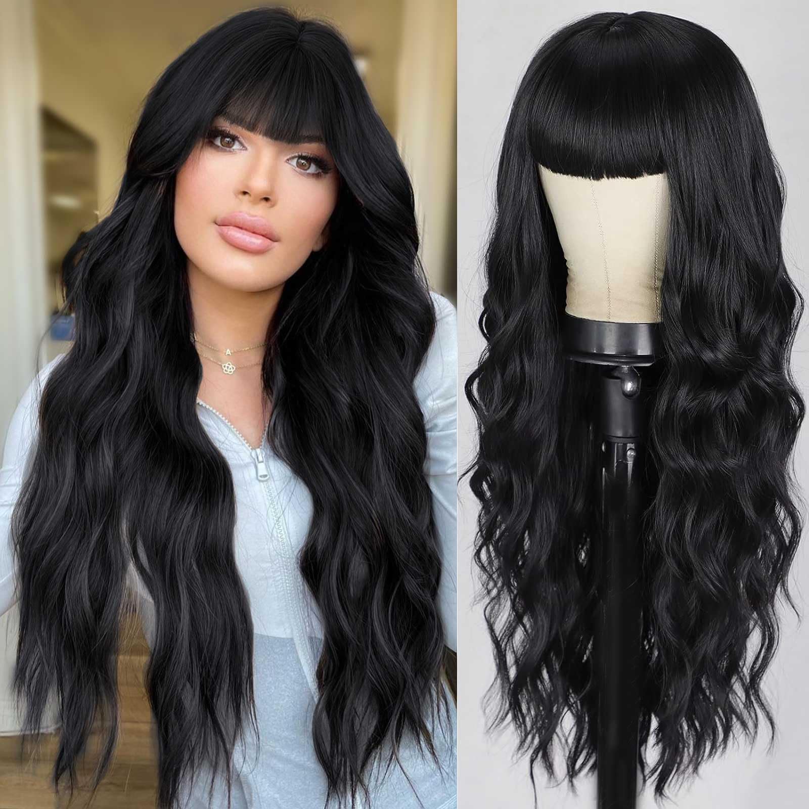 Lativ Black Wig with Bangs Long Wavy Wig for Women Synthetic Curly ...