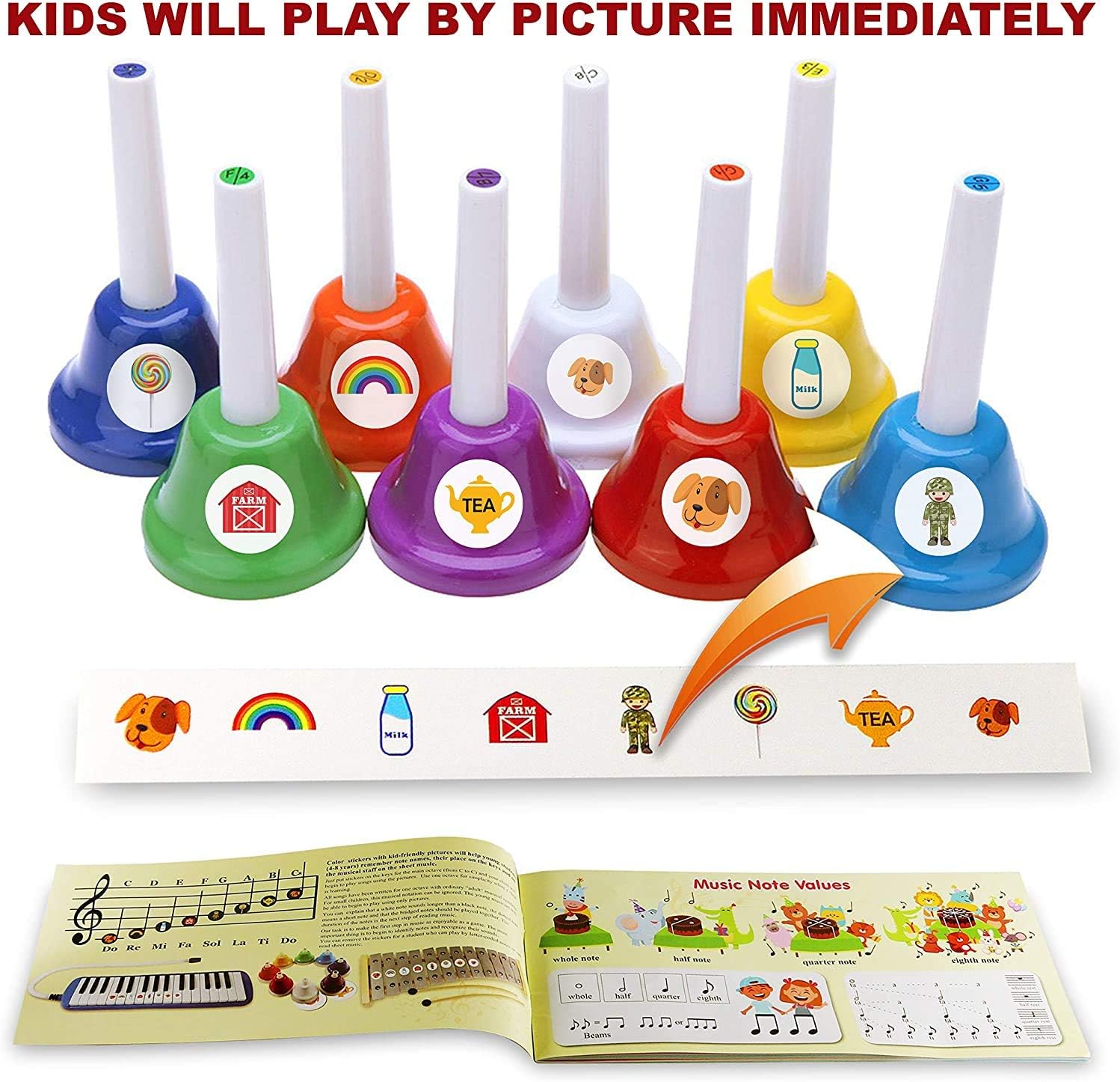 8 Diatonic Color-Coded HandBells with Sheet Music Booklet, Stickers ...