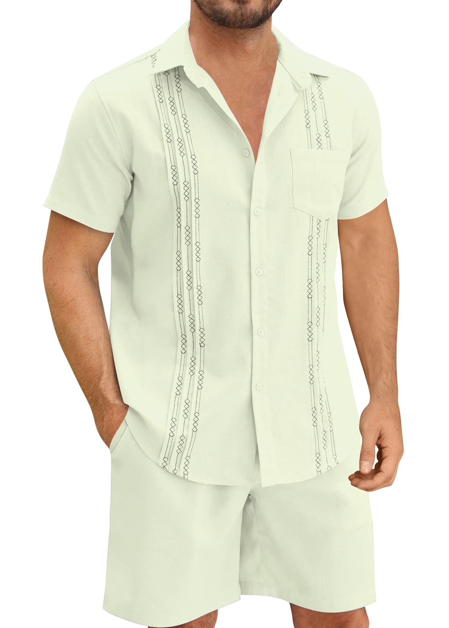 hawalili Men Linen Sets Outfits 2 Piece Short Sleeve Cuban Shirts ...